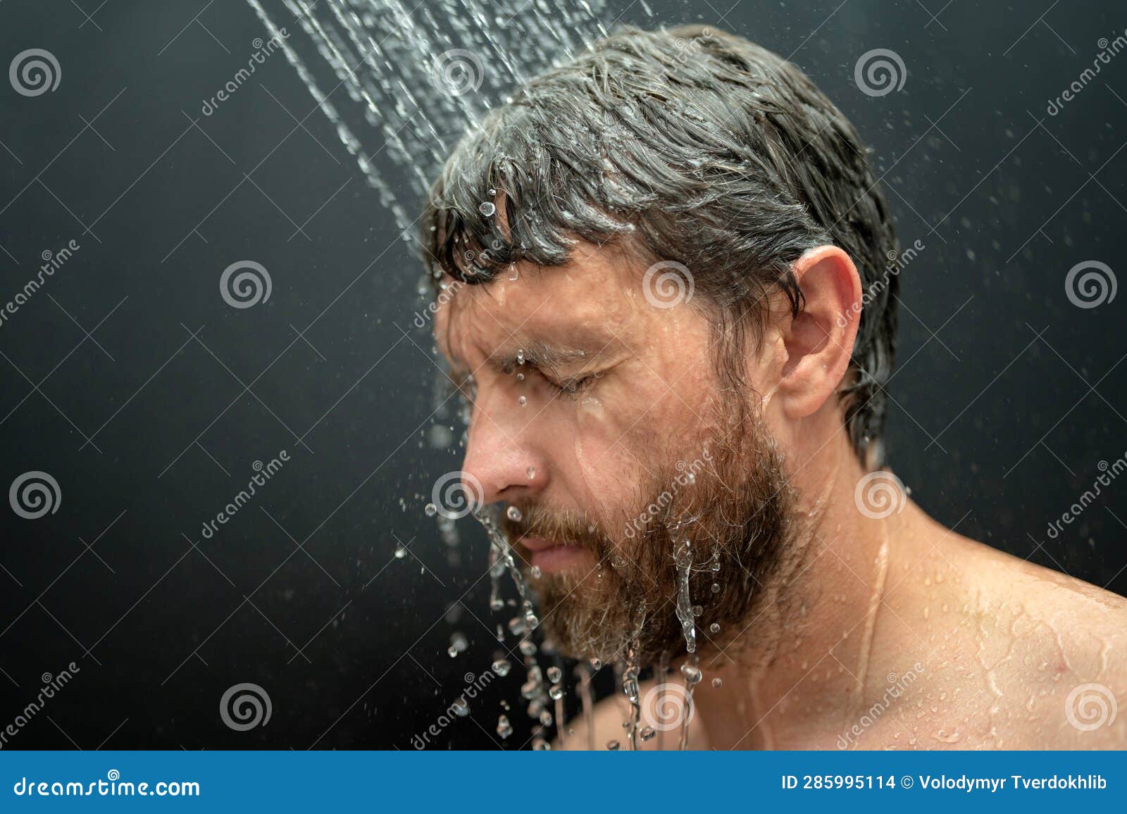 Middle Aged Man Washing Hair In Bath Guy Bathing Shower Head In