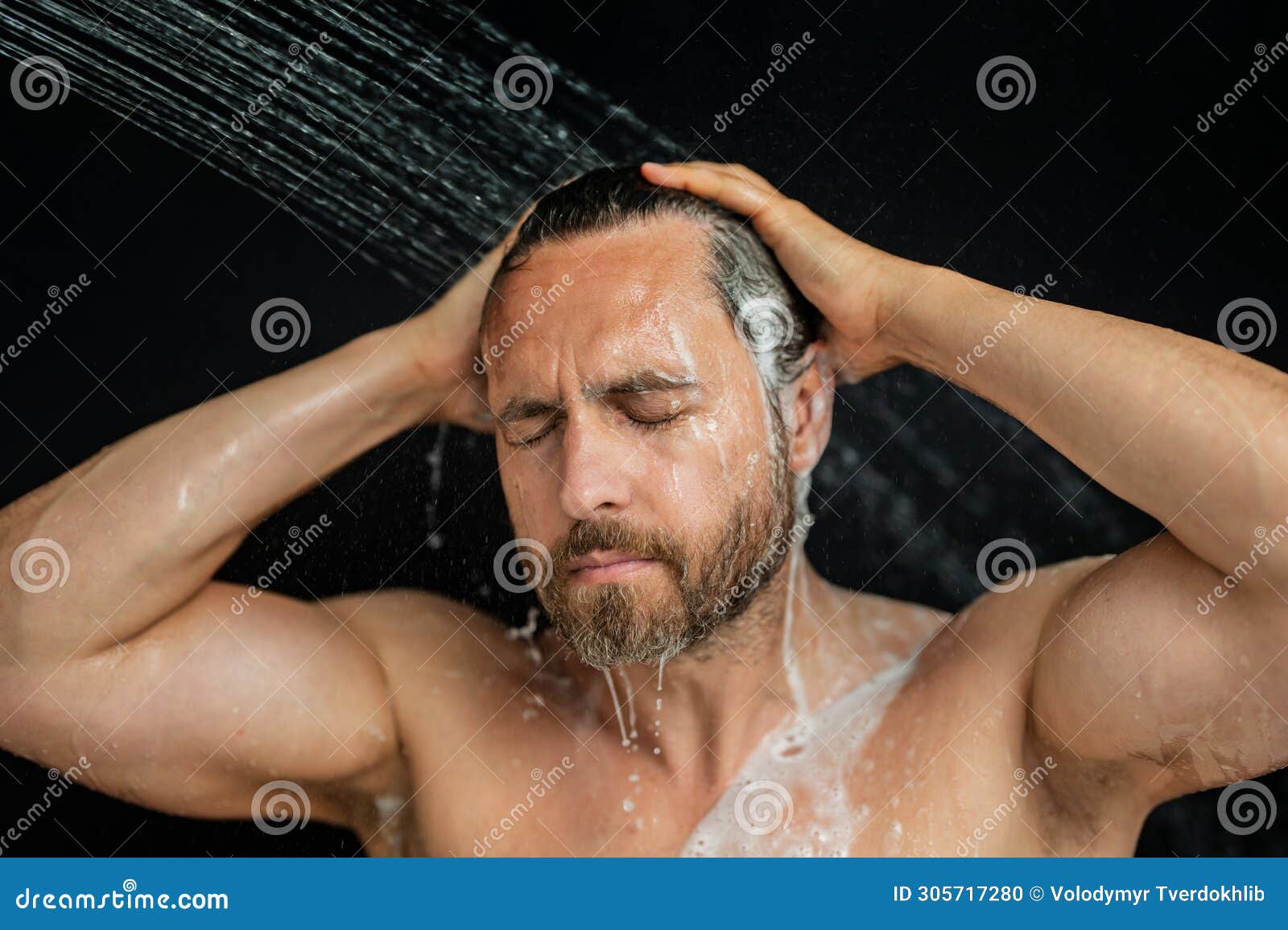 Middle Aged Man Washing Hair In Bath Guy Bathing Shower Head In