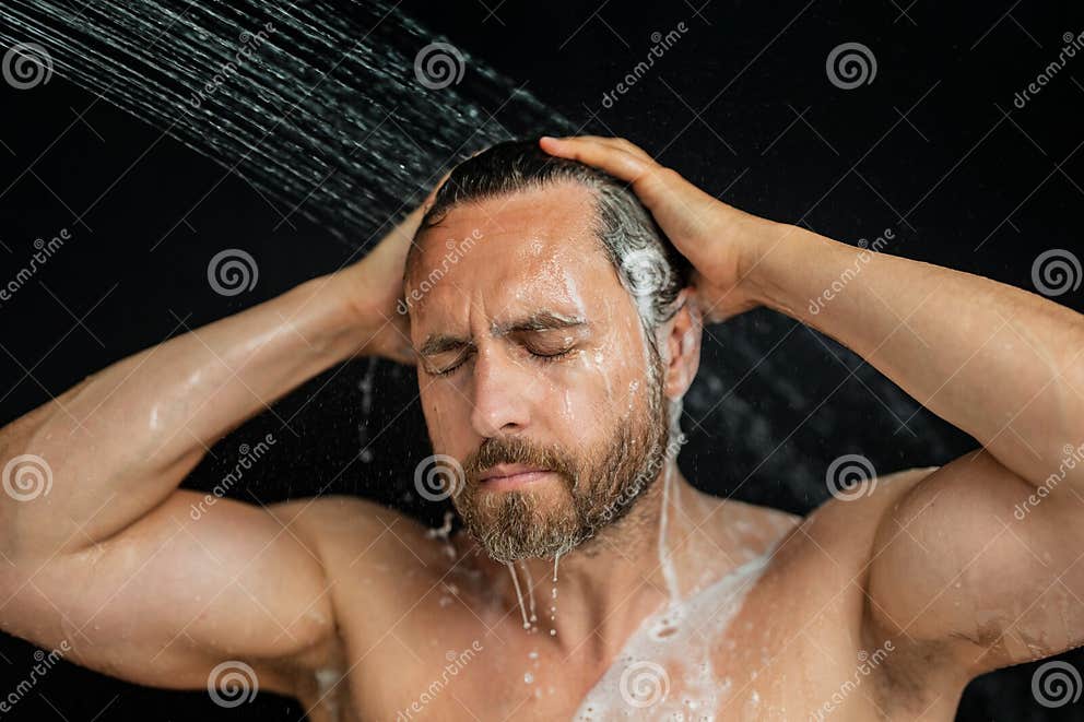 Middle Aged Man Washing Hair In Bath Guy Bathing Shower Head In