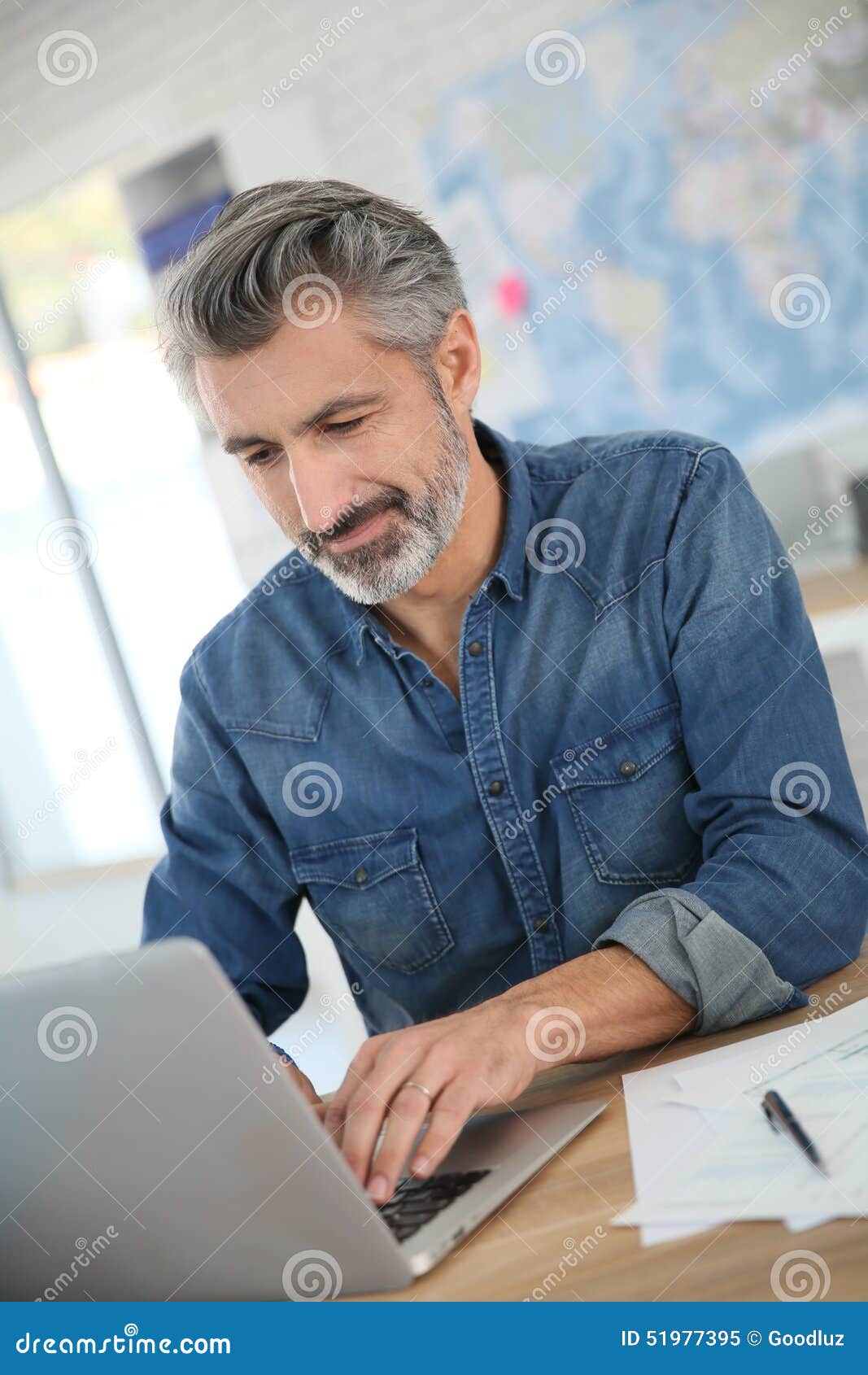 Middle-aged Man Working on Laptop Stock Image - Image of handsome ...