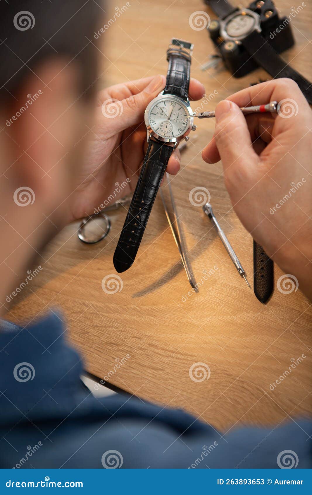 Middle Aged Repairman Working on Old Clock in Workshop Stock Image ...