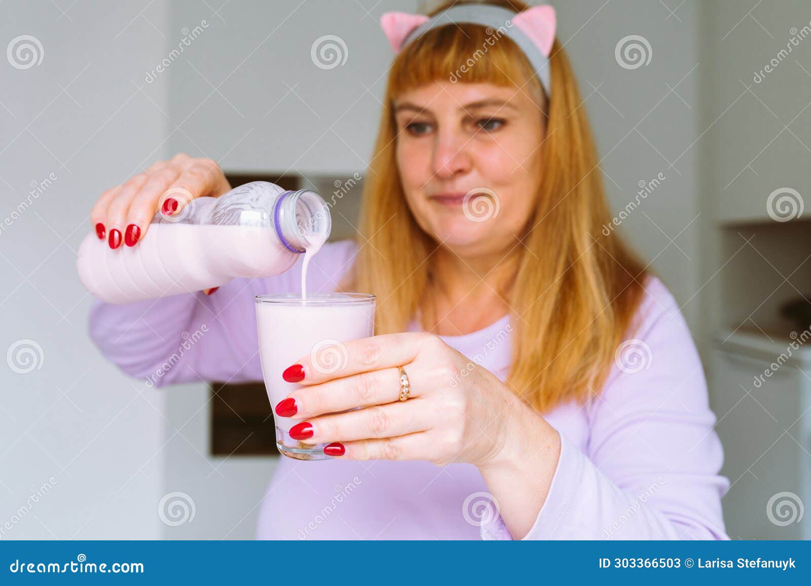 Middle Aged Woman Drinking Yogurt Stock Image - Image of drinking ...