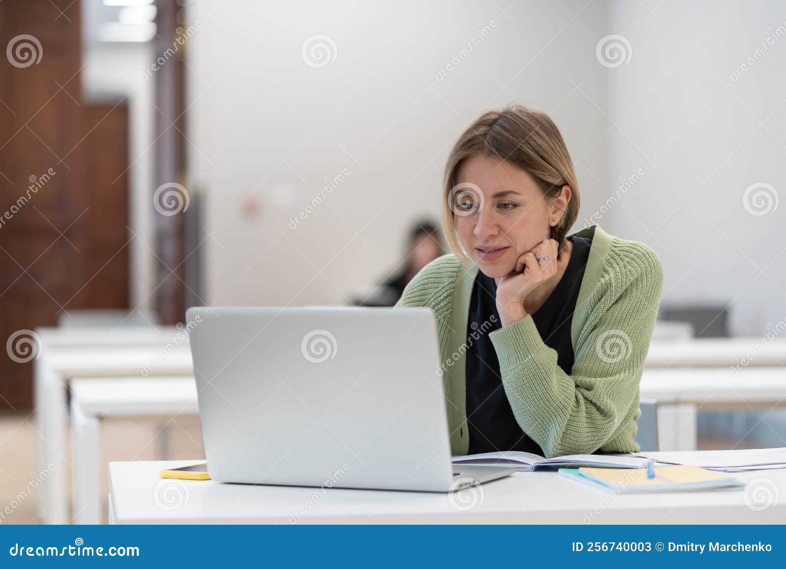 Middle-aged Woman Using Laptop for E-learning, Mature Female Student ...