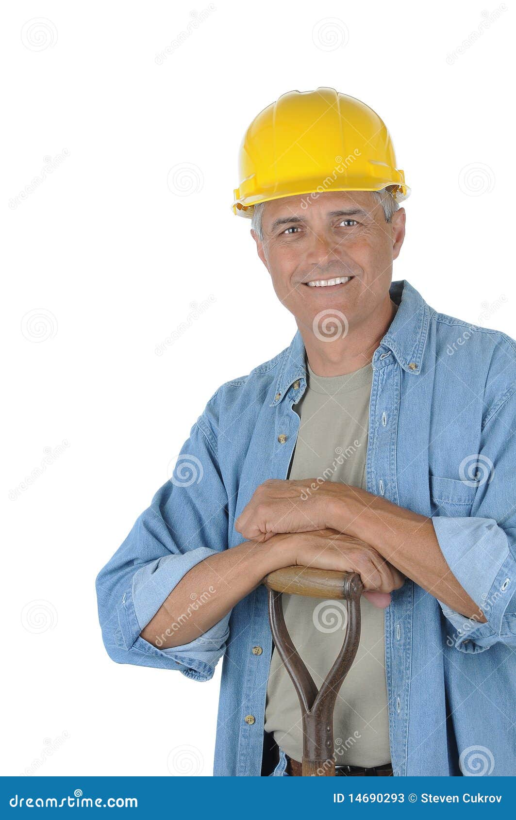 Middle Aged Worker Leaning on Shovel Stock Image - Image of hardhat ...