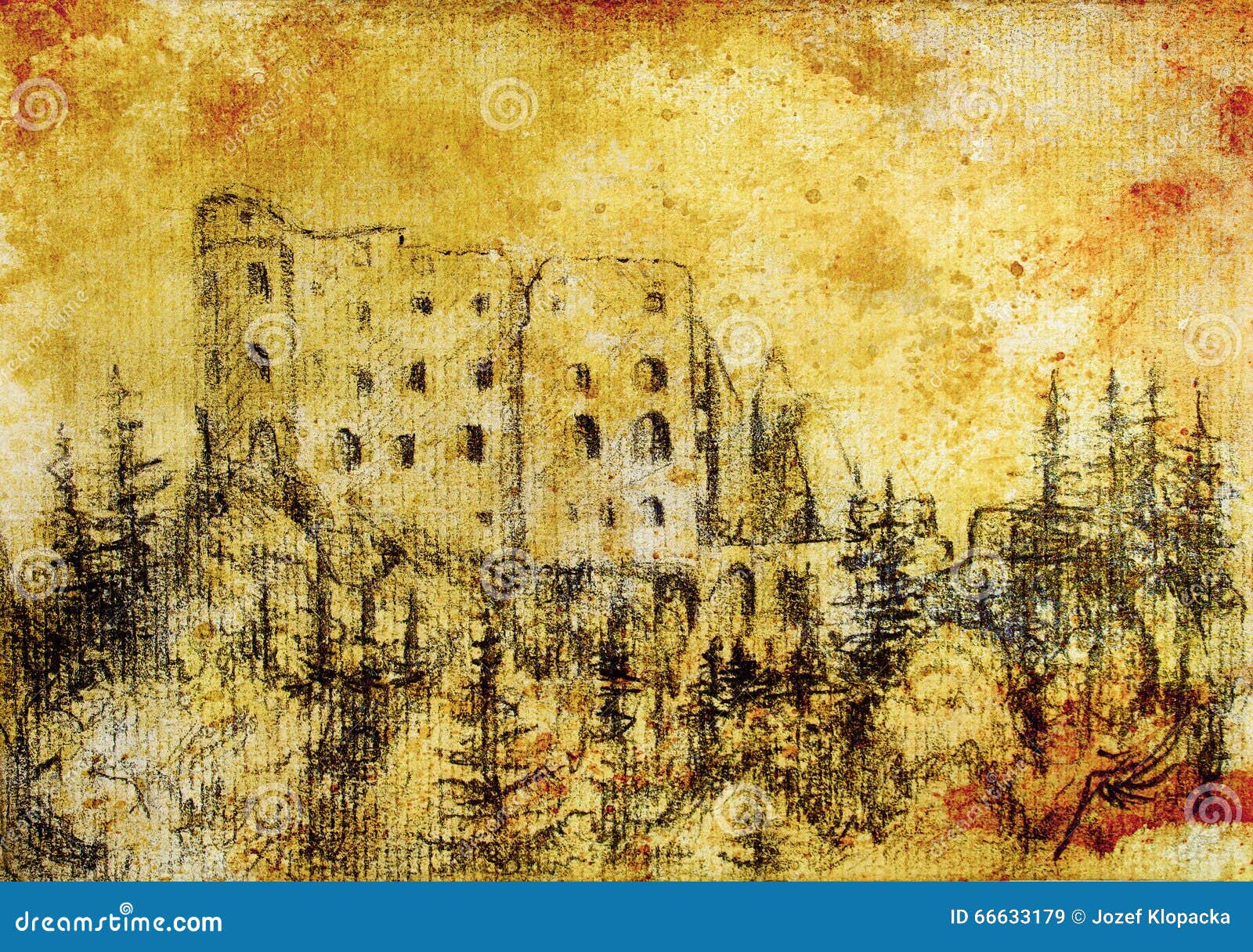 Middle Castle in Forest Drawing on Old Paper and Vintage Sepia ...