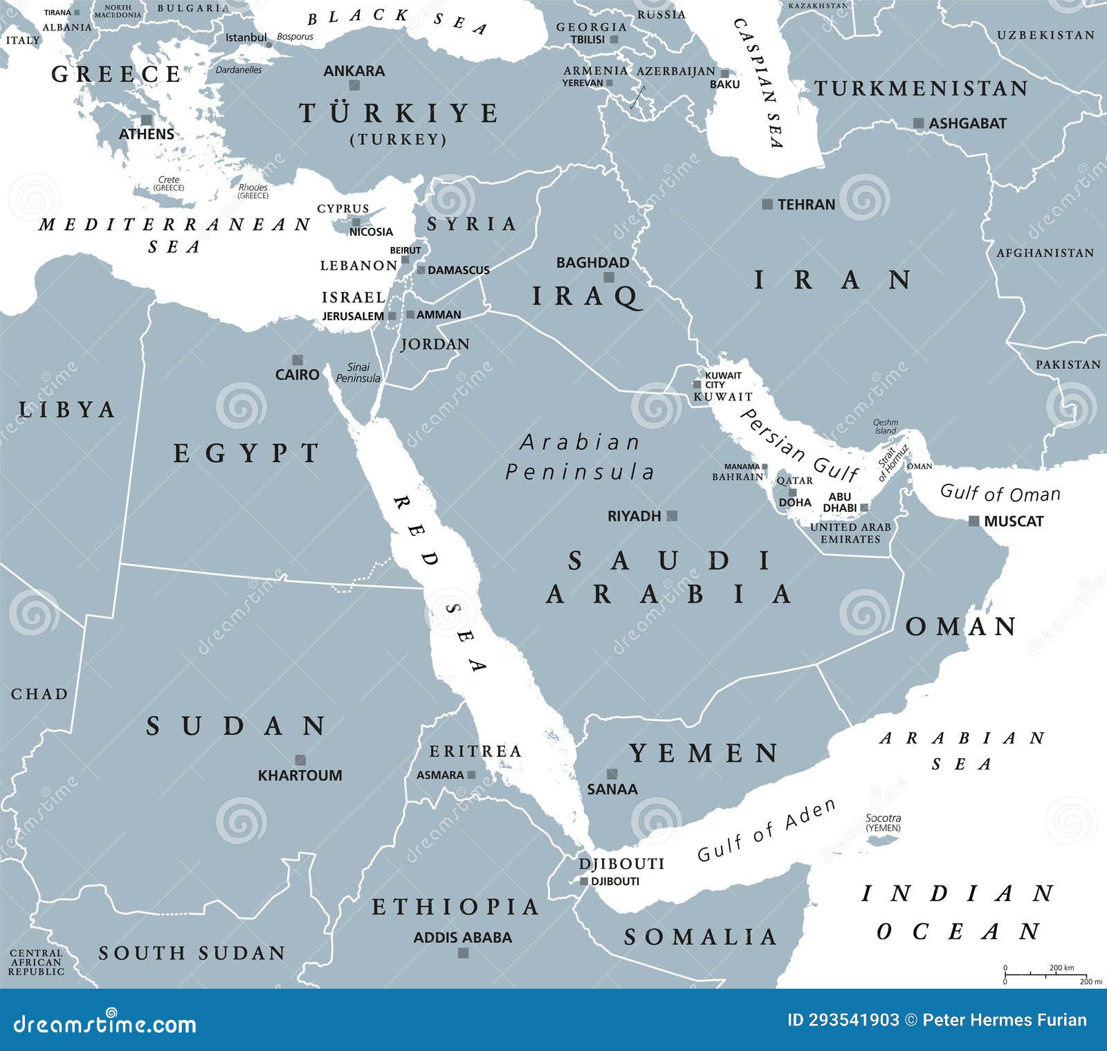 The Middle East, Gray Political Map with Capitals and International ...