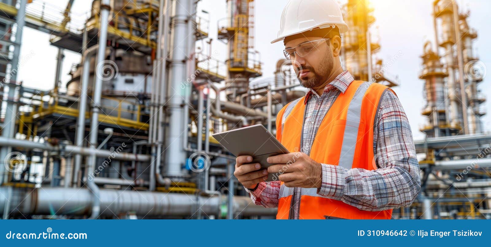 Middle Eastern Engineer on Digital Tablet at Oil Refinery with Storage ...