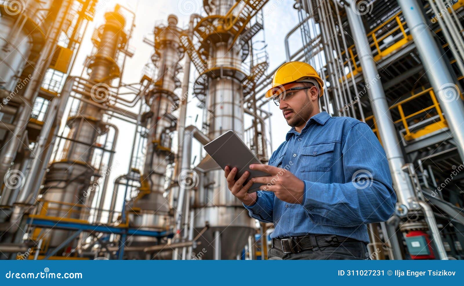 Middle Eastern Engineer Using Tablet at Oil Refinery Near Storage Tanks ...