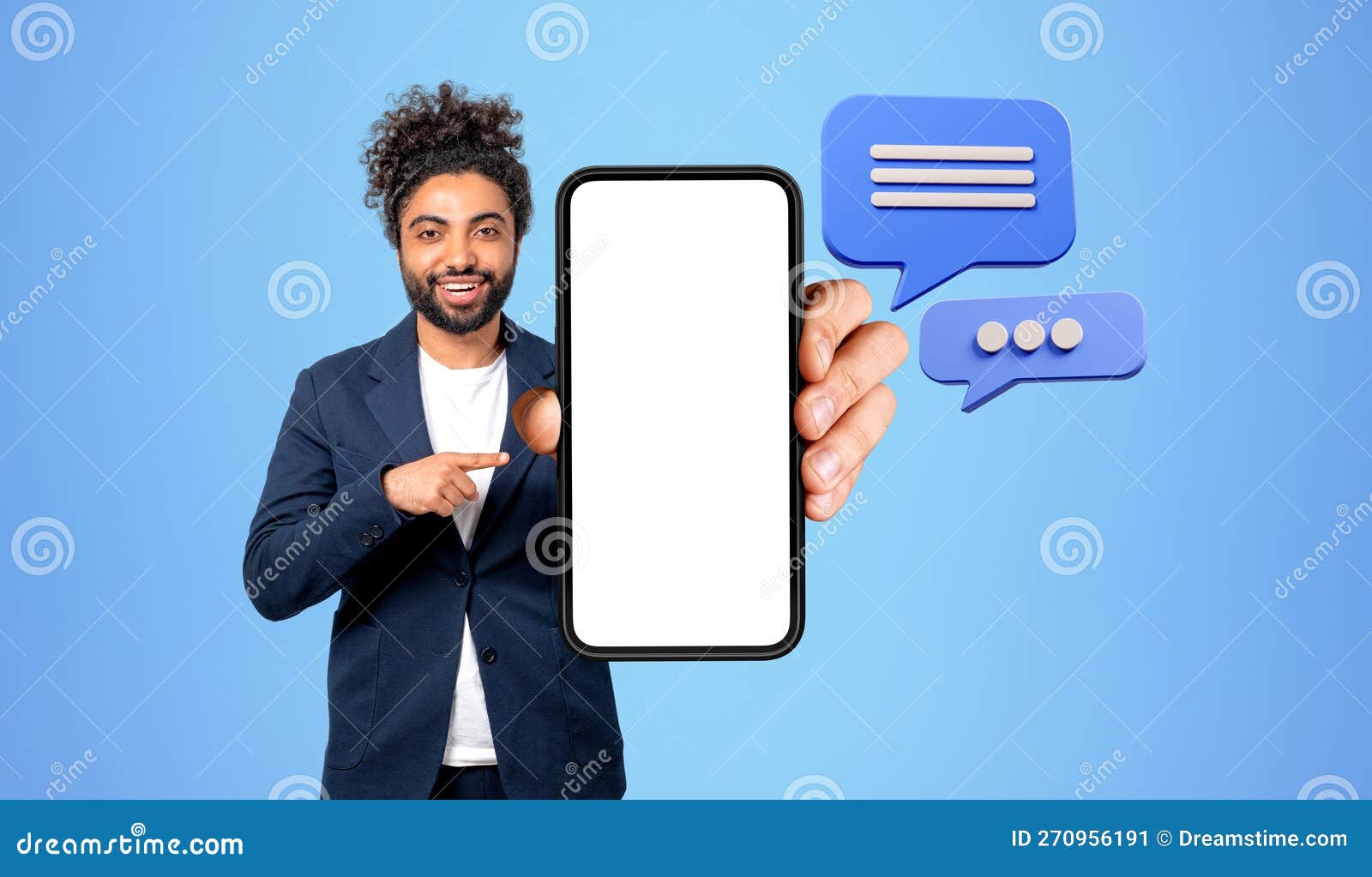 Middle Eastern Man with Smartphone Mockup Display, Text Message Bubbles ...
