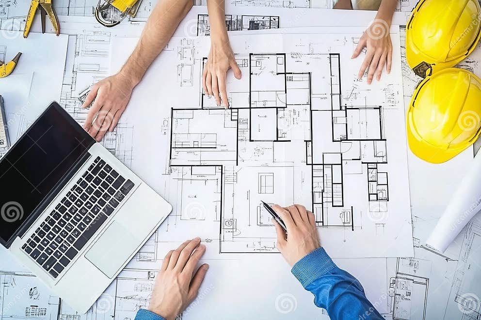 In the Middle of the Group, Architects Look at Blueprints and Discuss ...