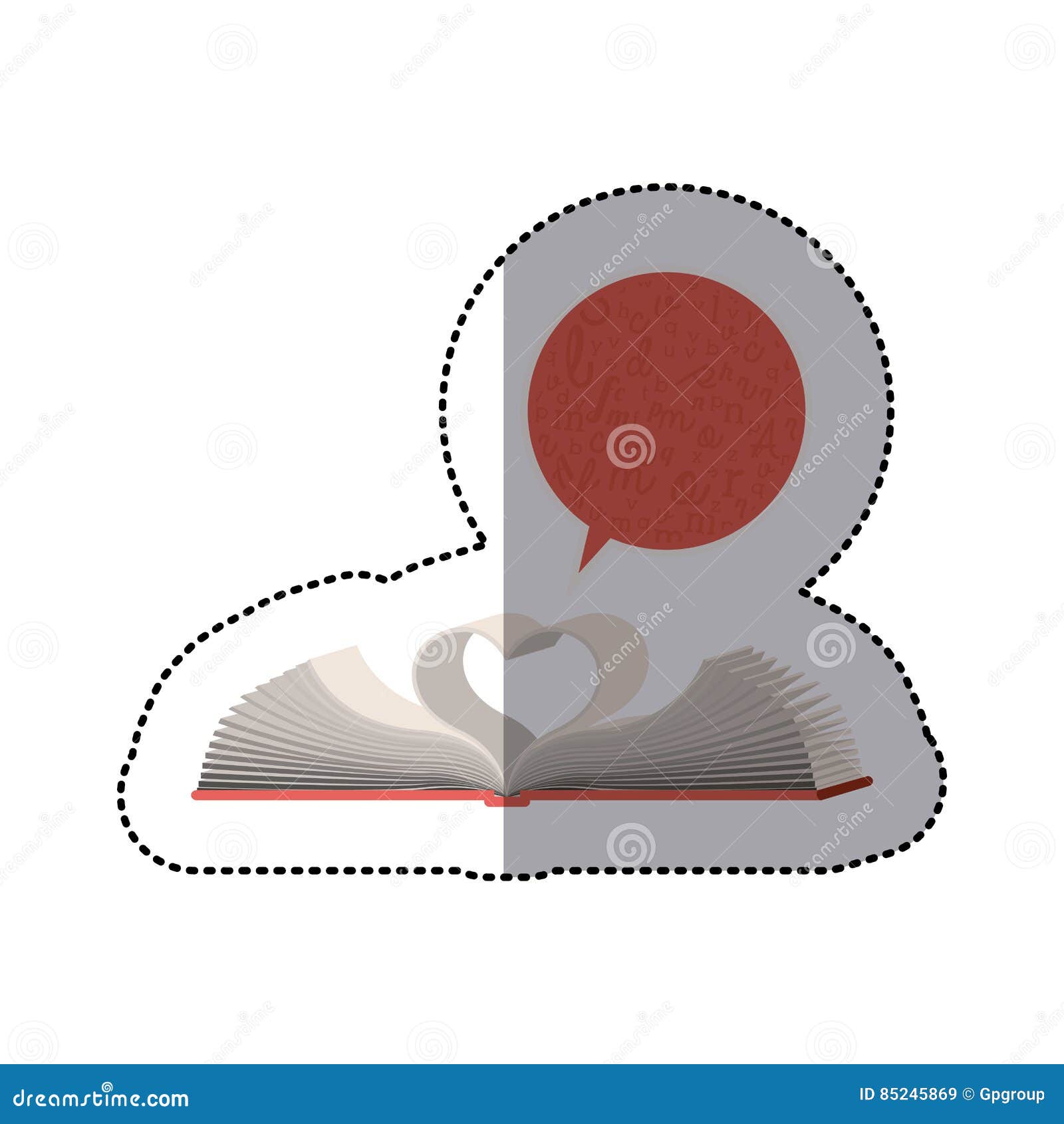 Middle Shadow Sticker with Open Book and Dialogue Bubble with Sheets in ...