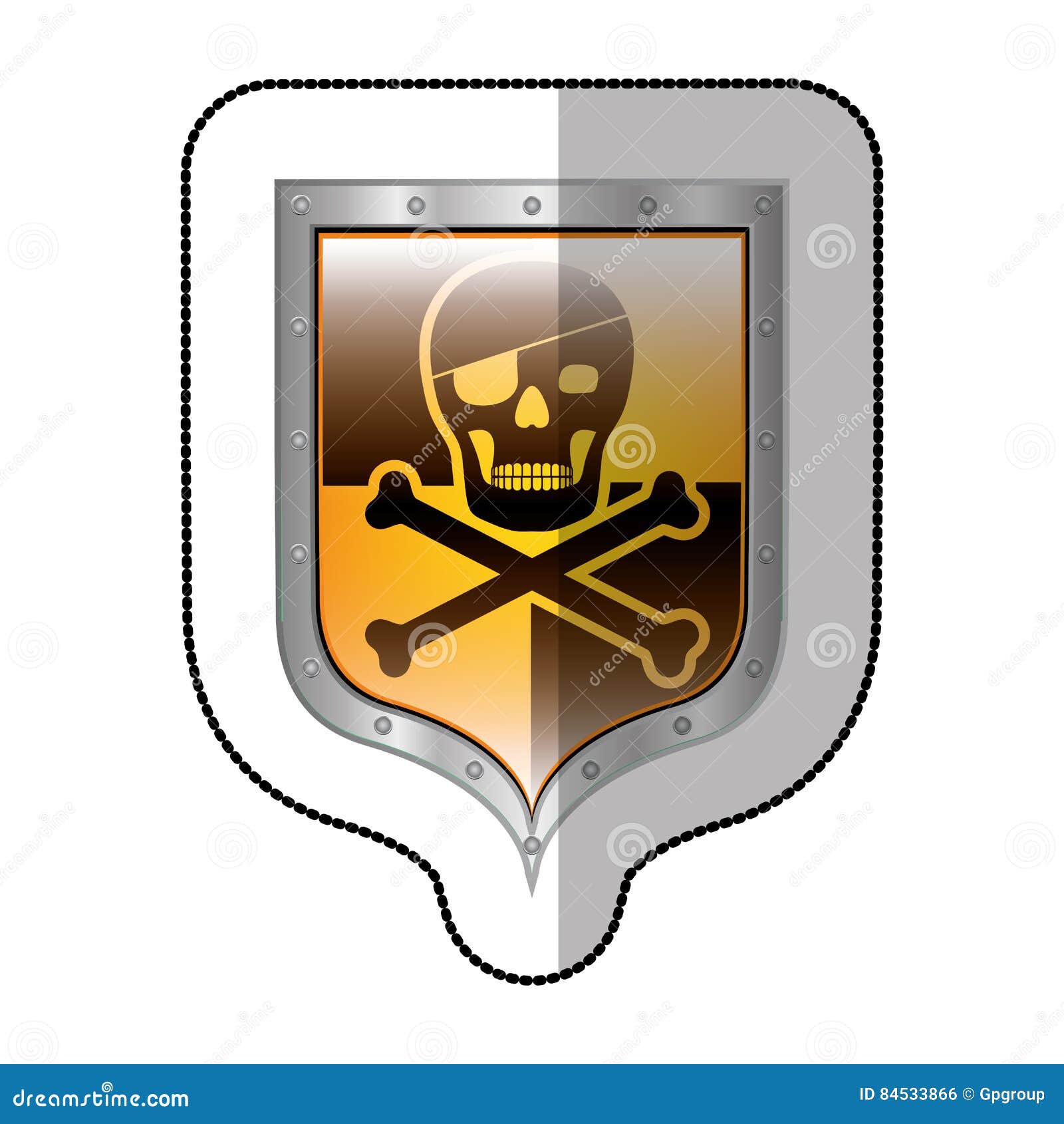 Middle Shadow Sticker of Pirate Skull and Bones in Yellow Shield Stock ...