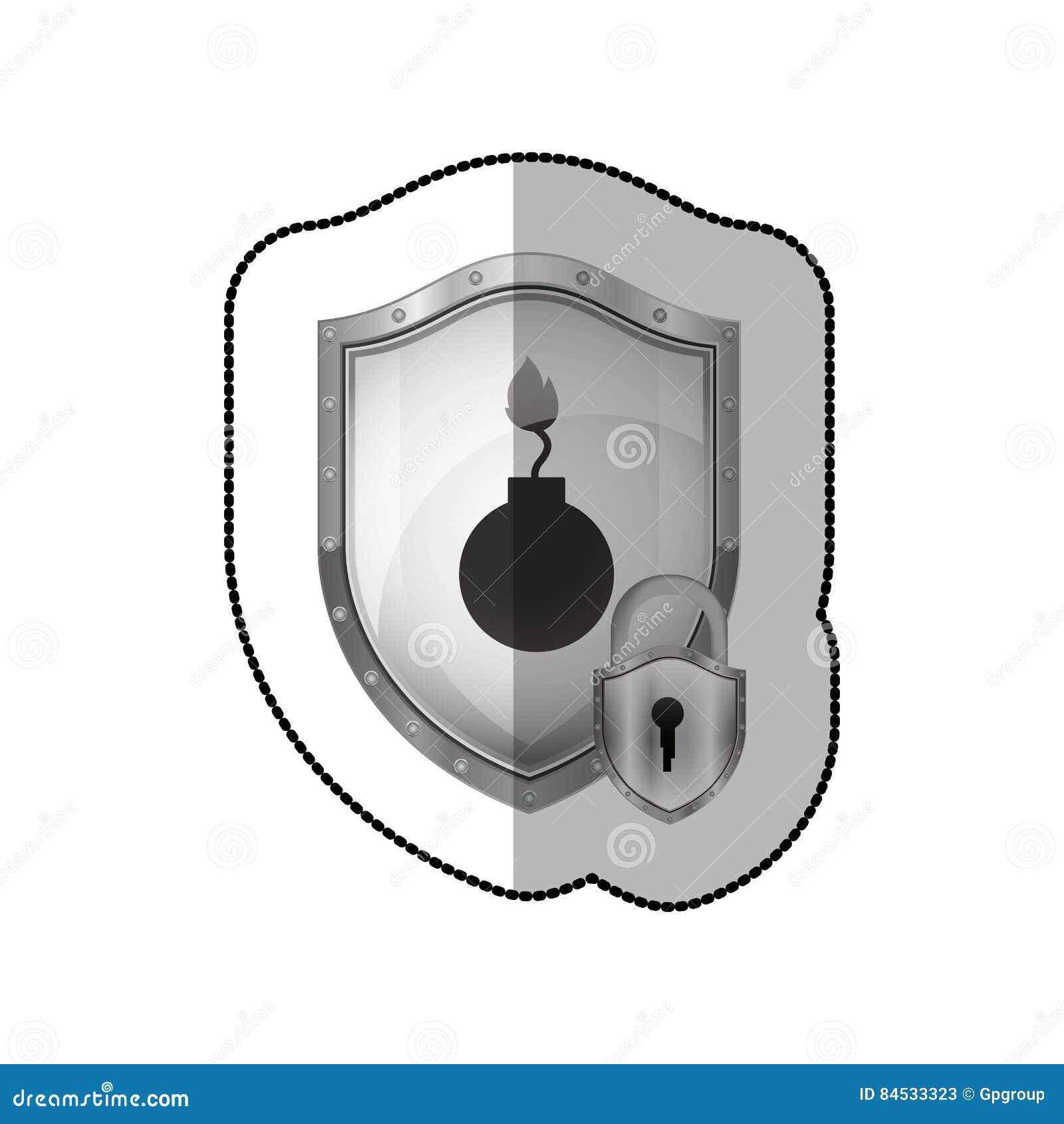Middle Shadow Sticker of Shield with Bomb and Padlock Stock Vector ...