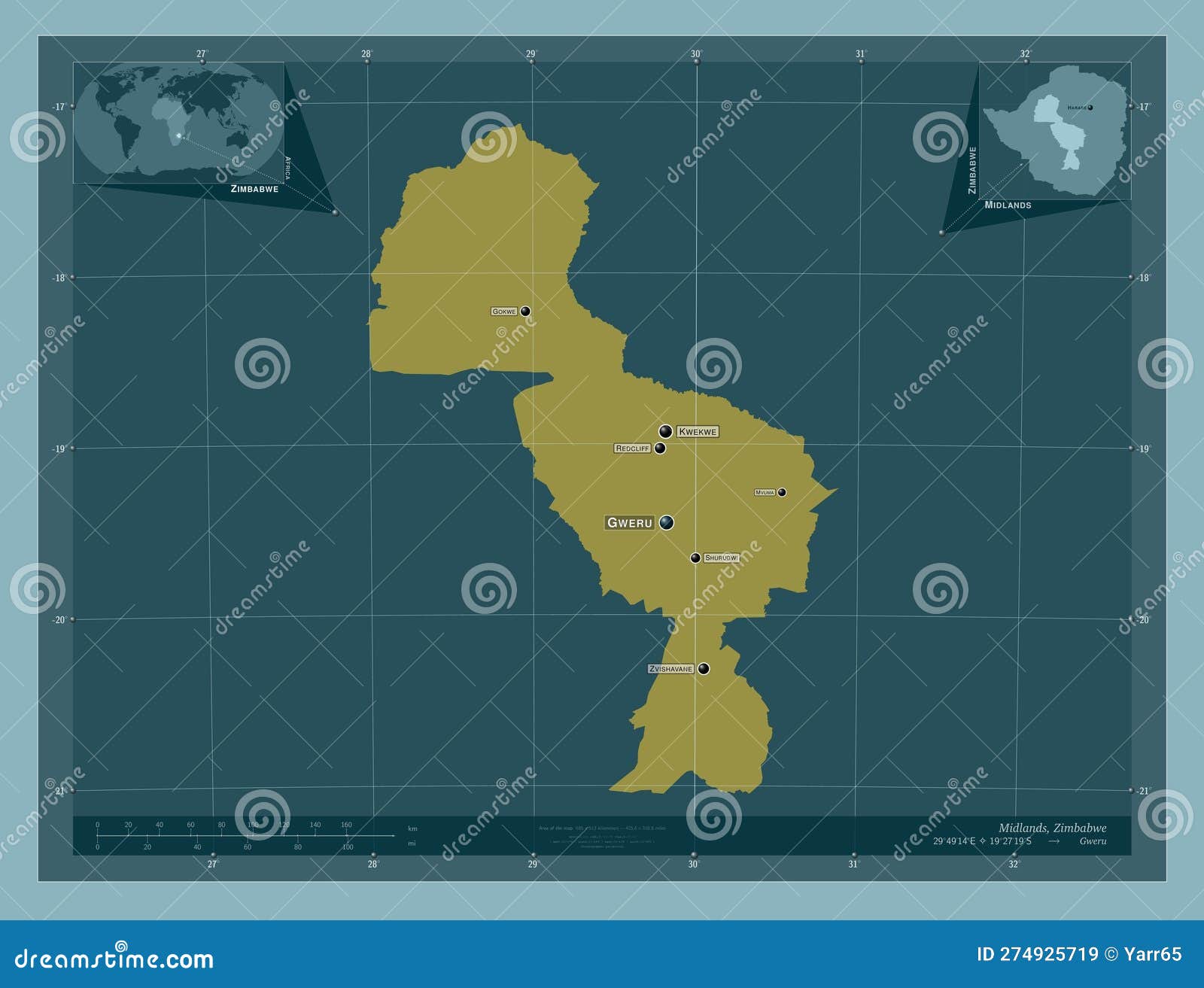 Midlands, Zimbabwe. Solid. Labelled Points of Cities Stock Illustration ...