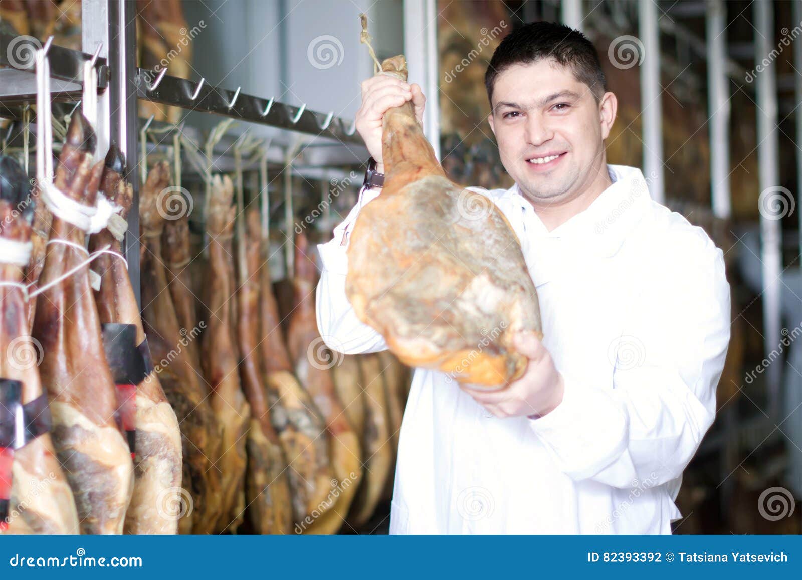 Midle Aged Butche with Jamon at Factory Stock Photo - Image of ...