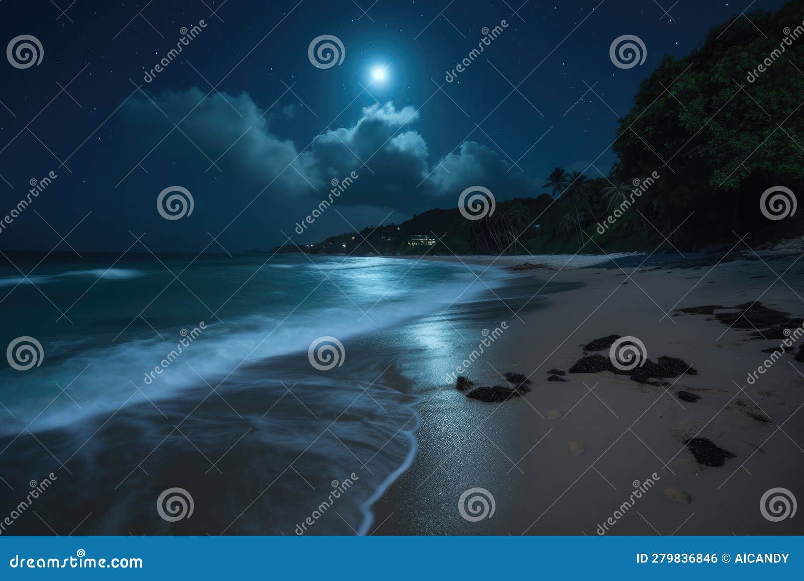 Midnight Beach Rendezvous Secluded Moonlit Beach with Waves Gently ...