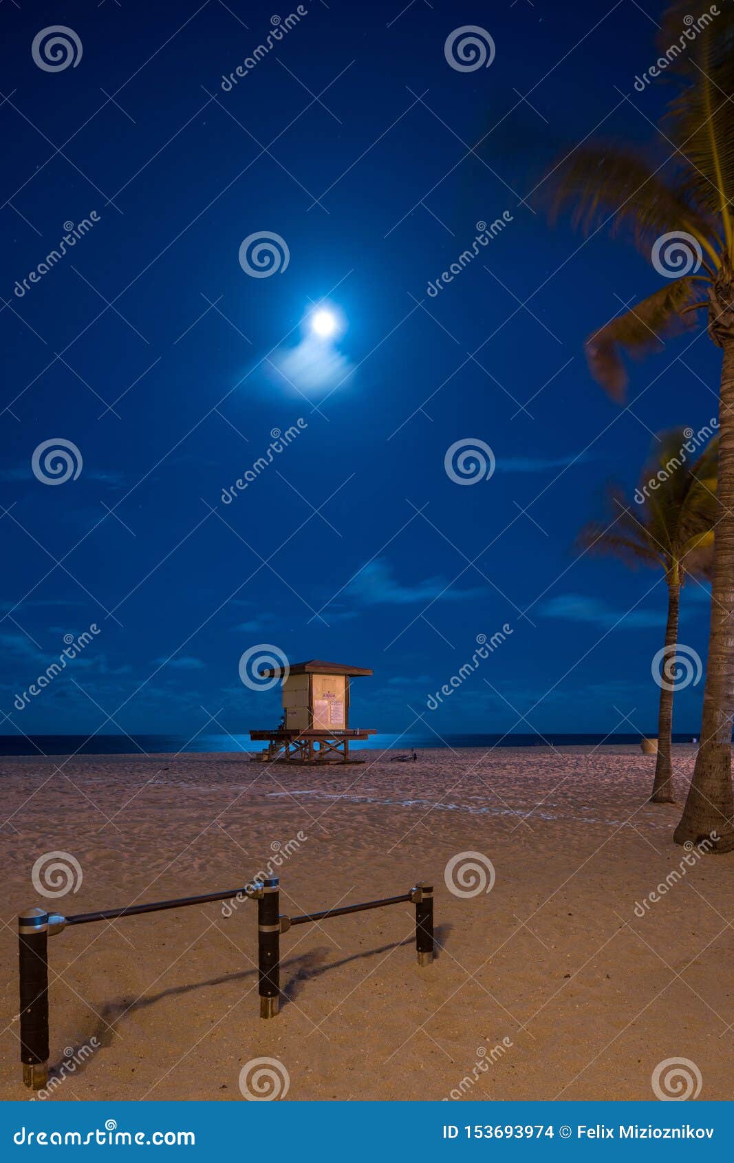 Midnight Beach Scene with Full Moon Over Ocean Stock Photo - Image of ...