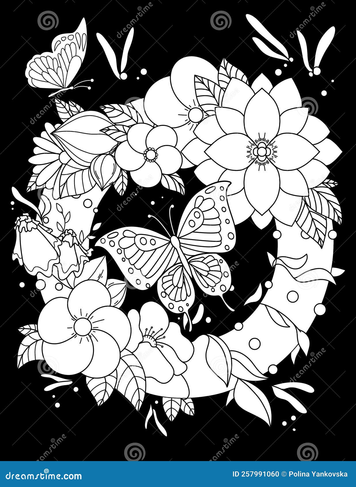 Midnight Butterfly Insects Coloring Page For Adult Stock Illustration