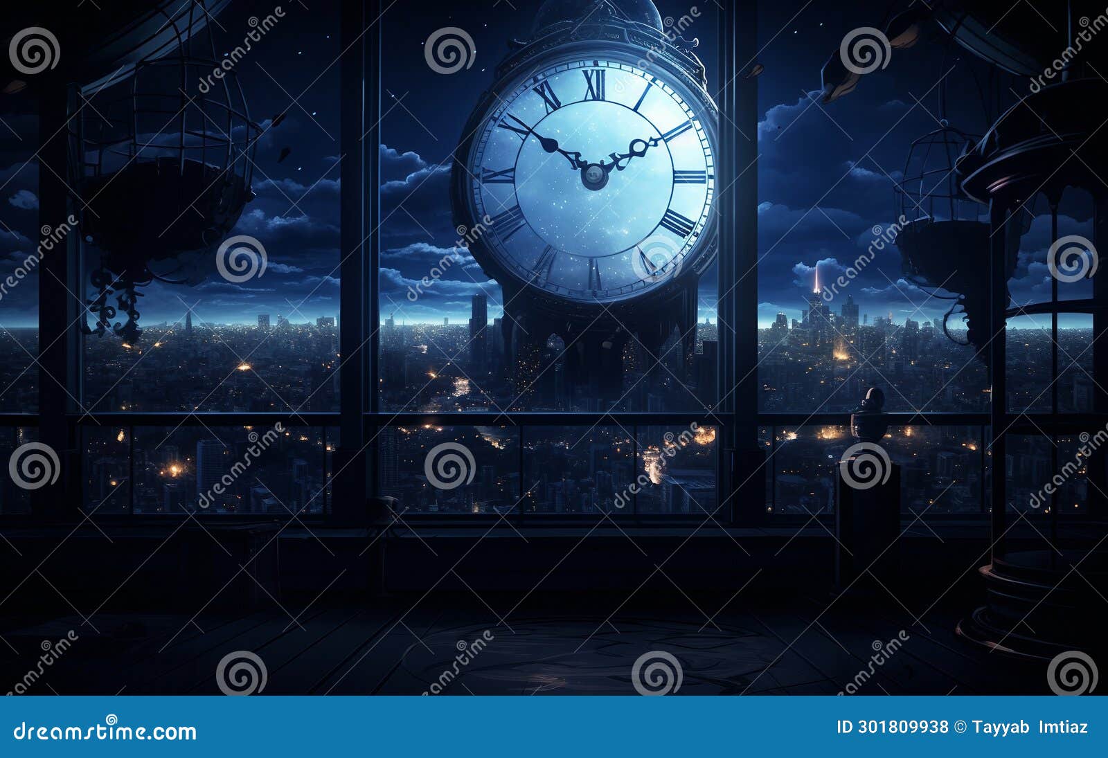Midnight Clock Scene Manga Panorama on Generative Ai. Stock ...
