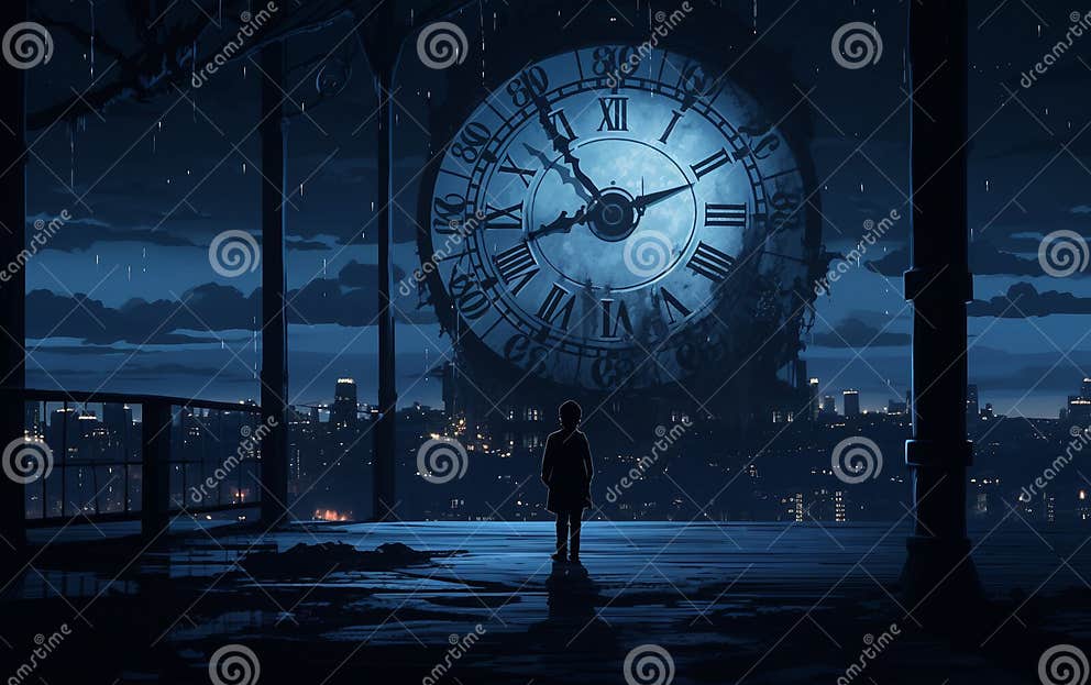 Midnight Clock Scene Manga Panorama on Generative Ai. Stock ...