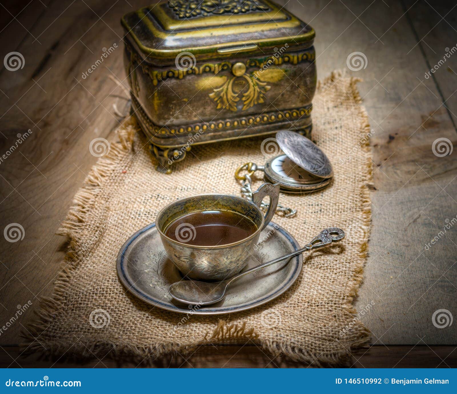 Midnight Coffee on Oak Table Stock Photo - Image of black, spoon: 146510992