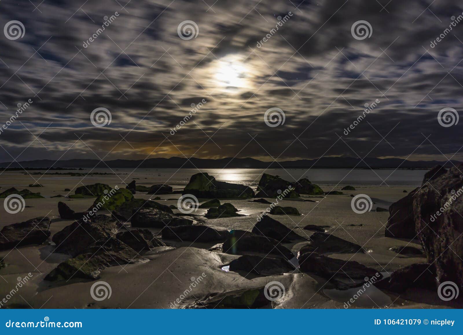 Midnight Moon Light on the Rocks Stock Image - Image of calm, great ...