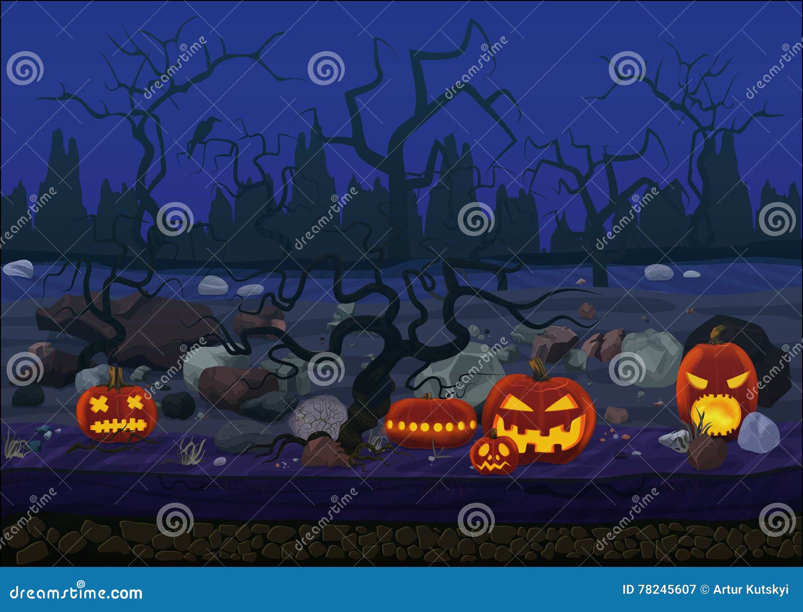 Midnight Scary Horror Halloween Background with Pumpkin and Trees ...