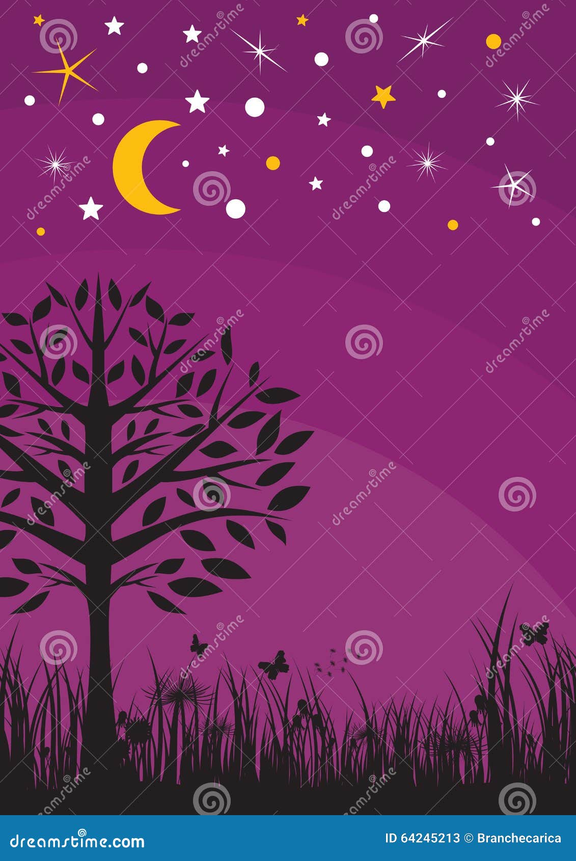 Midnight Silhouette Tree, Grass, Moon and Stars Stock Illustration ...