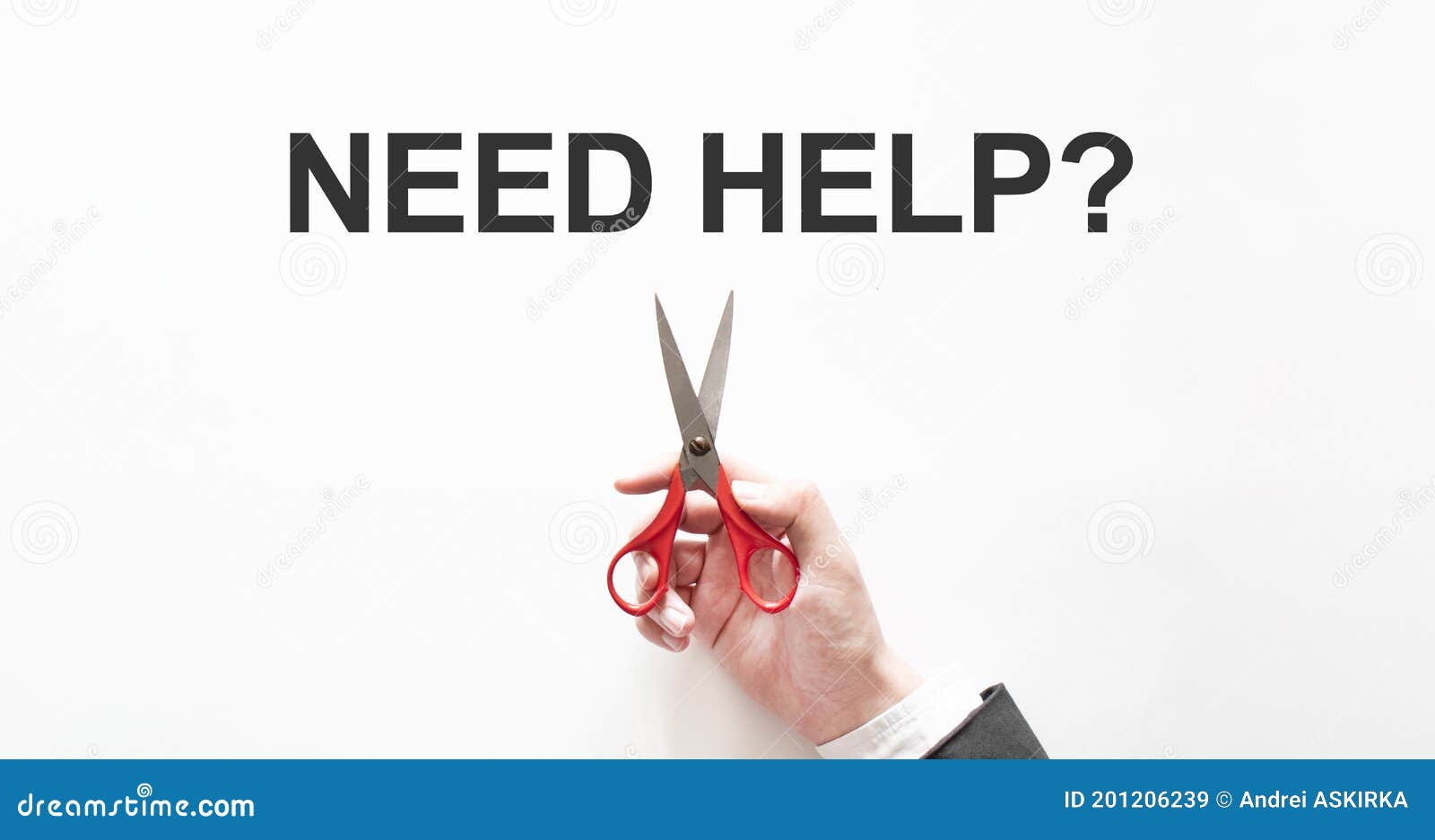 Midsection of Businessman Cutting the Word NEED HELP on Paper with ...