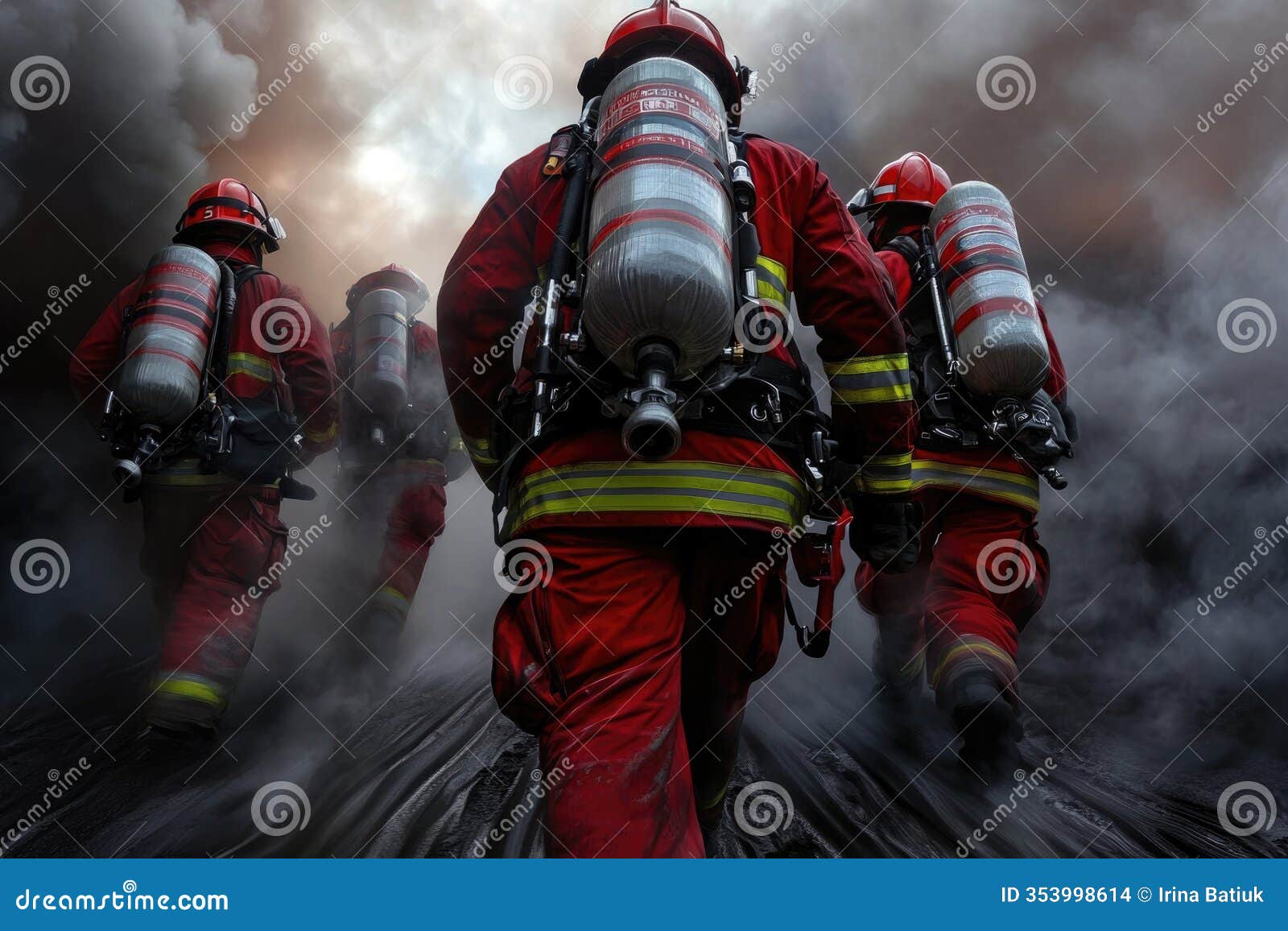 In the Midst of a Smoky Scene, Several Courageous Firefighters in Red ...