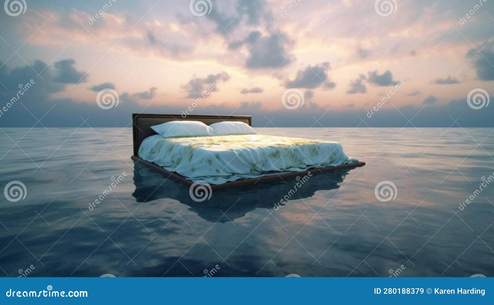 Bed Floating in Peaceful Ocean Water Stock Illustration - Illustration ...
