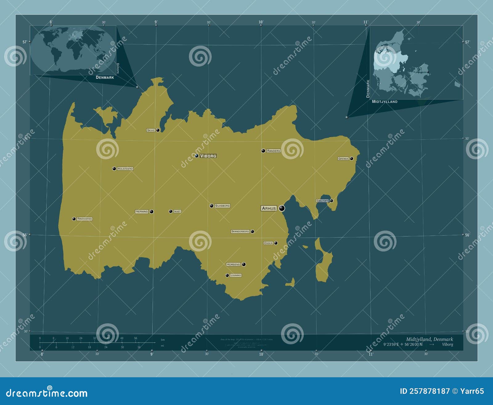 Midtjylland, Denmark. Solid. Labelled Points of Cities Stock ...