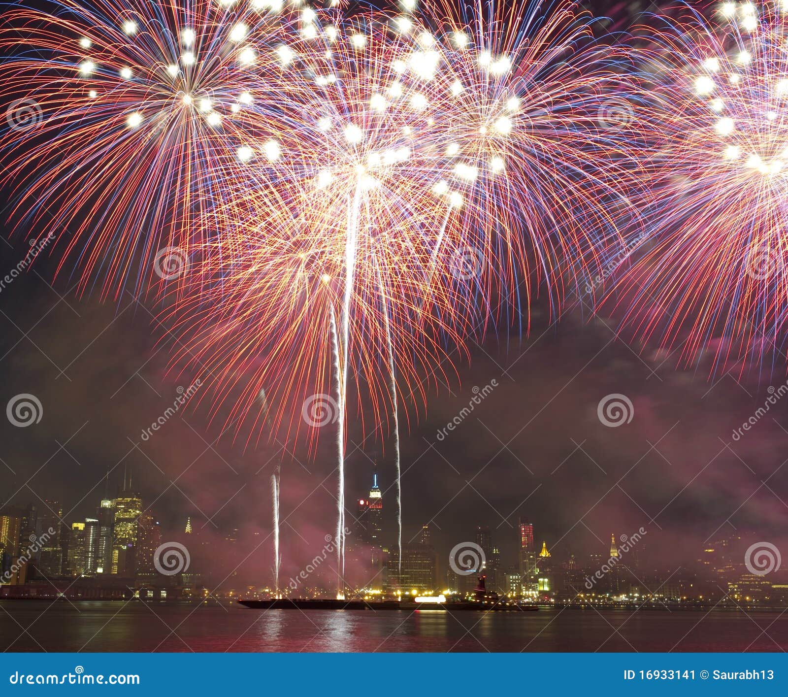 Midtown Manhattan Skyline with Dramatic Fireworks Stock Image - Image ...