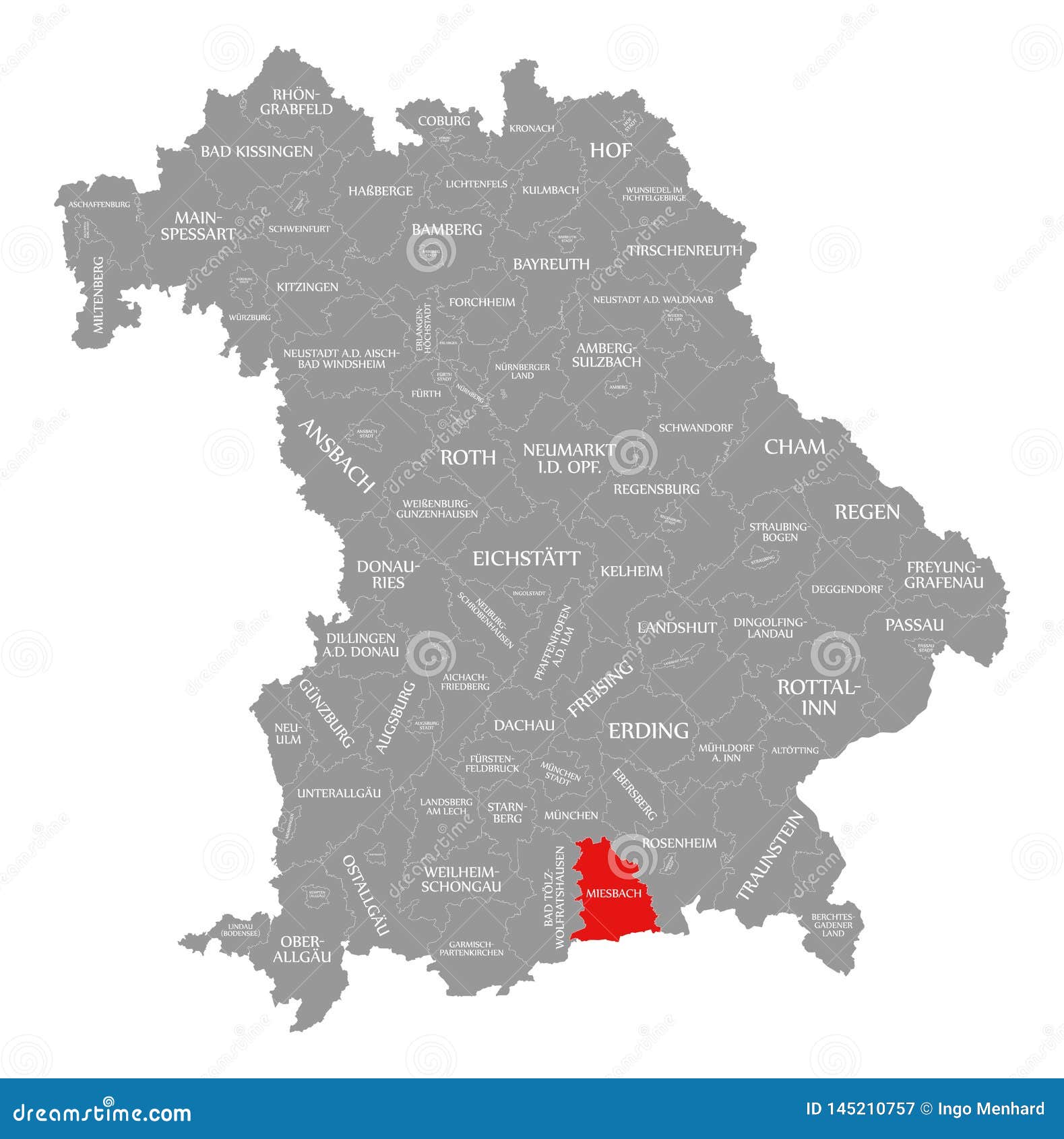 Miesbach County Red Highlighted in Map of Bavaria Germany Stock ...