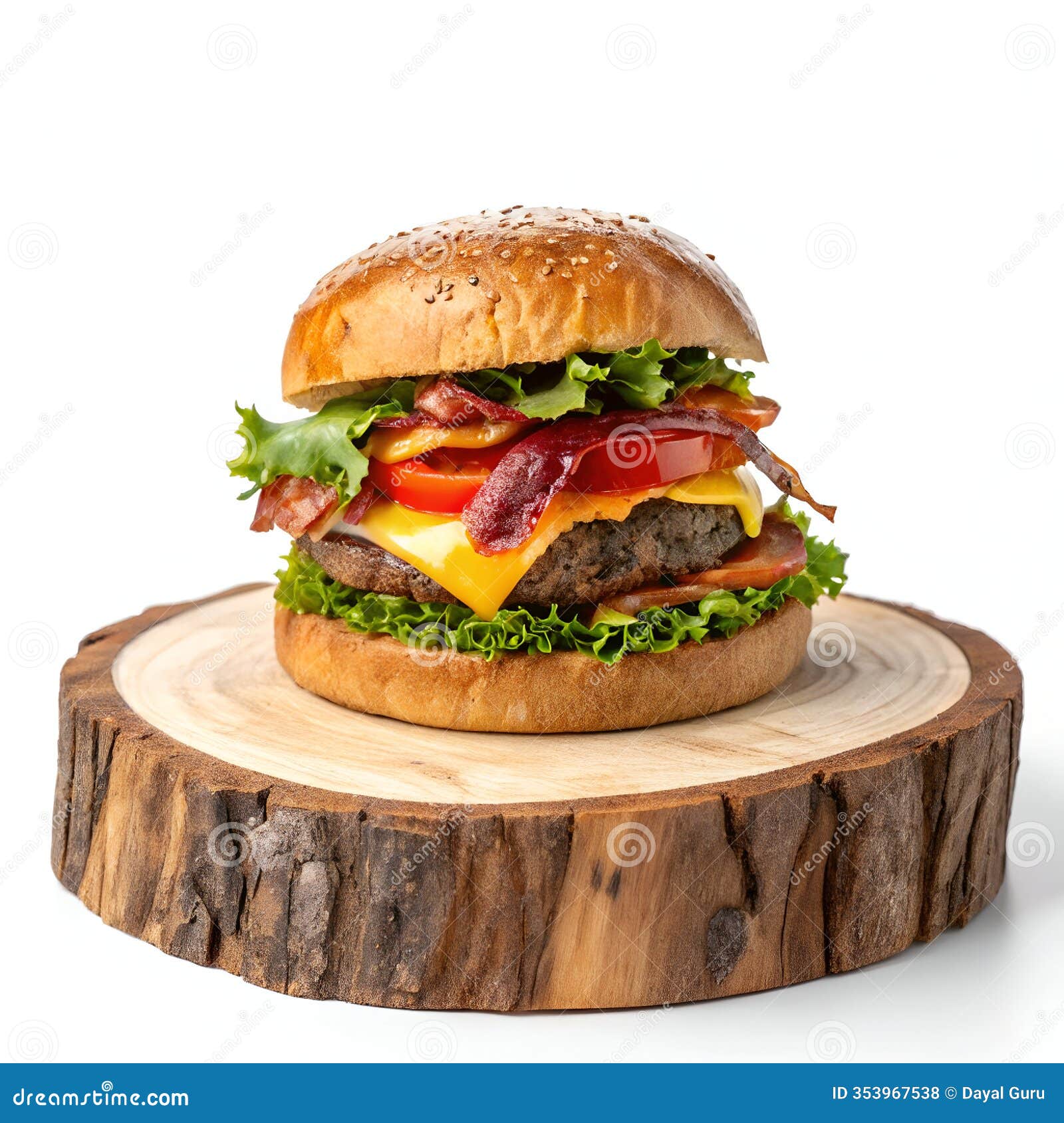 A Mighty Burger on Rounded Wooden Piece Isolated on White Background ...