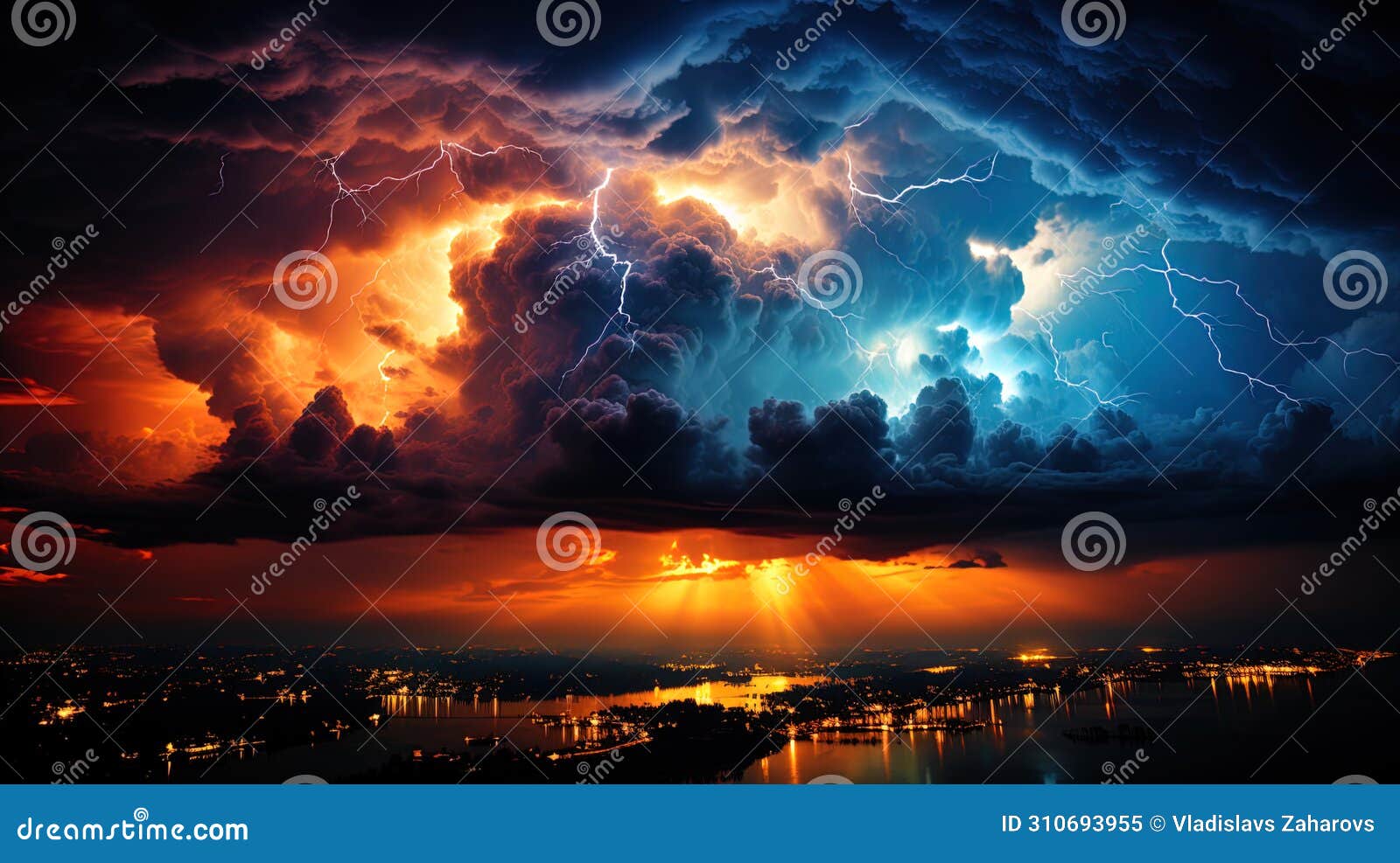 Mighty Lightning Dissect the Night Sky, Like Flames in Dark Great Stock ...