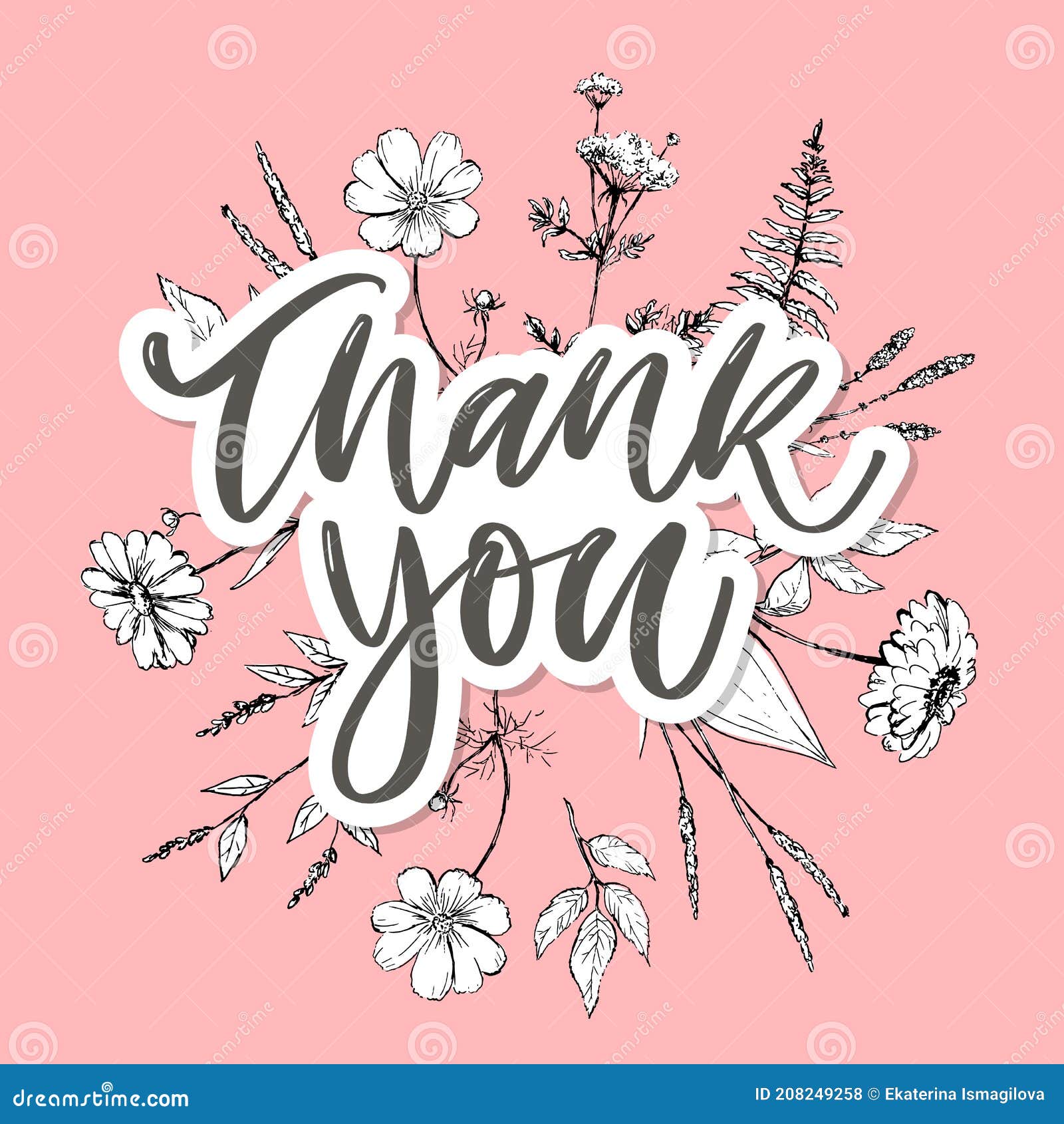 Mignon Merci Texte De Lettre De Fleurs De Carte De Script Illustration ...