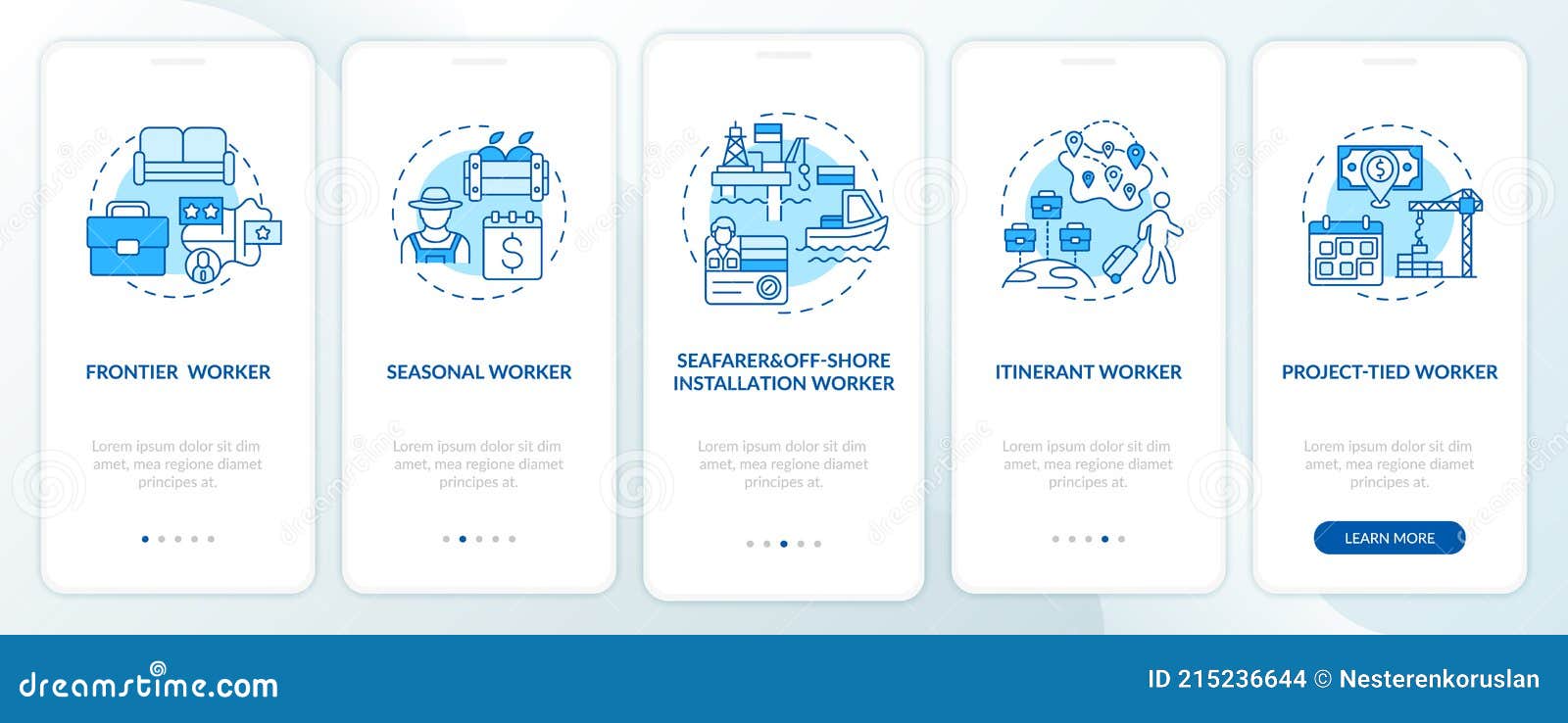 Migrant Workers Types Blue Onboarding Mobile App Page Screen with ...
