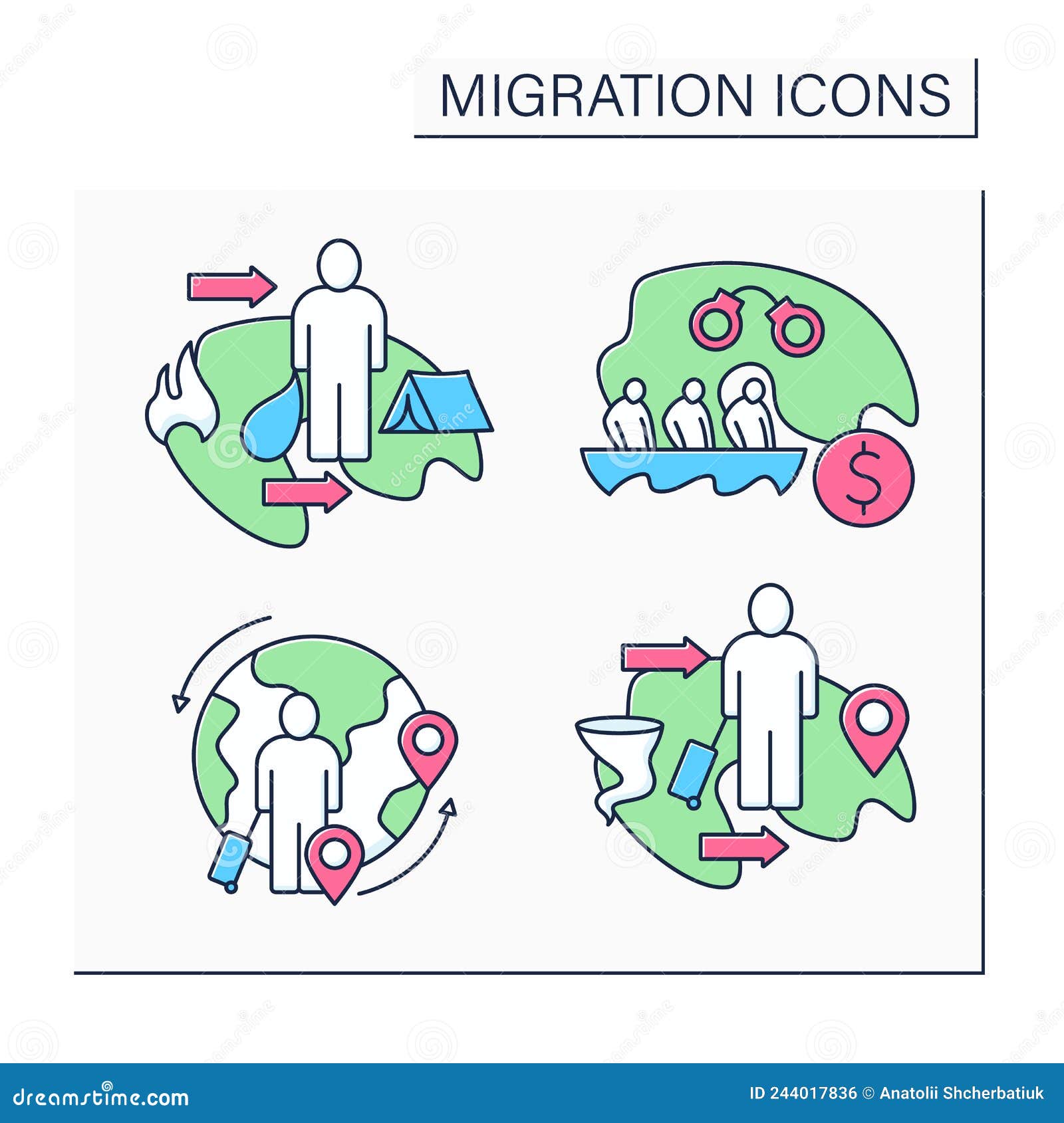 Migration color icons set stock vector. Illustration of assimilation ...