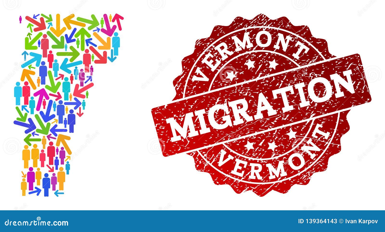 Migration Composition of Mosaic Map of Vermont State and Textured Stamp ...