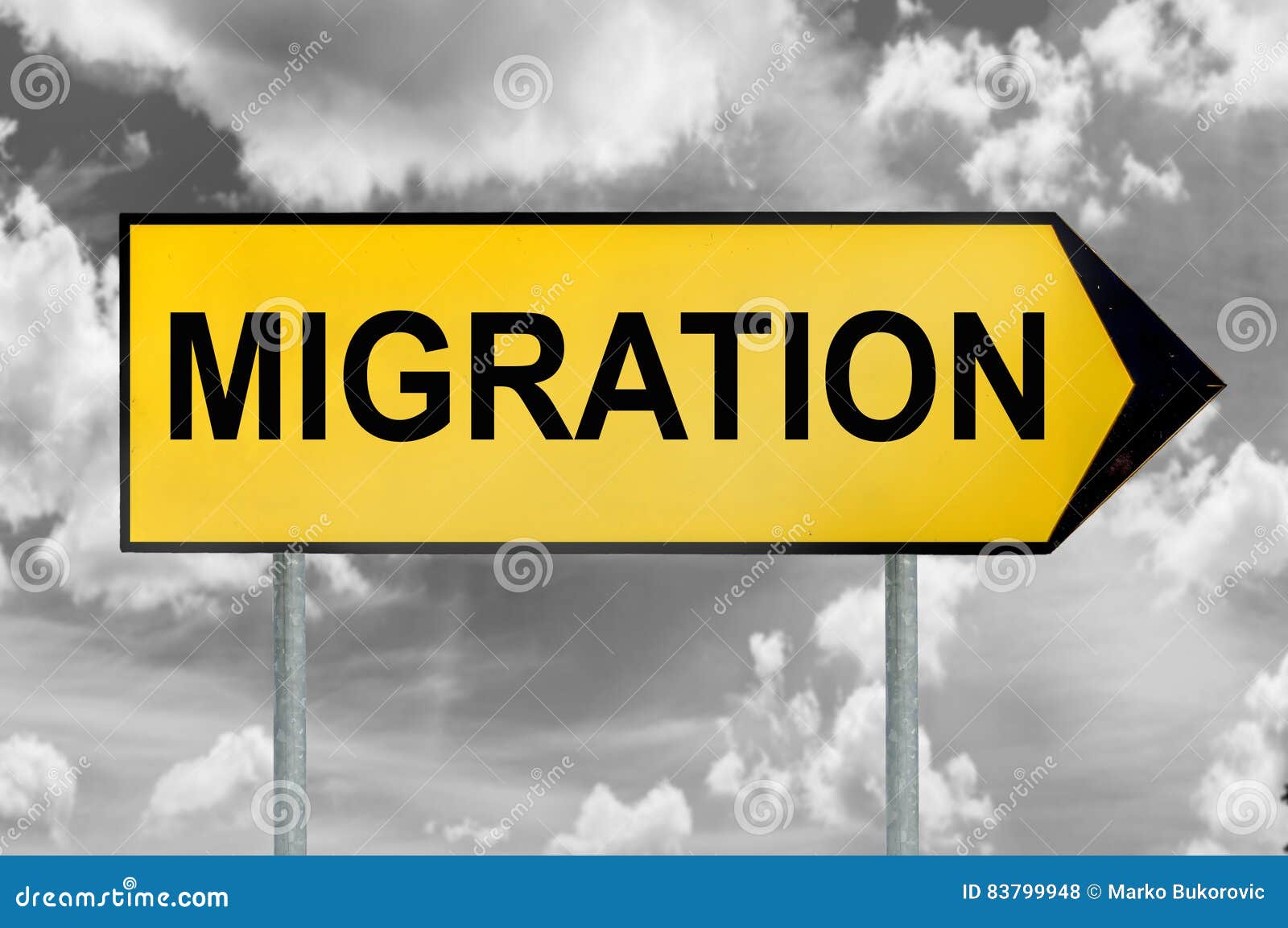 Migration Traffic Sign with Black and White Cloudy Sky Stock ...