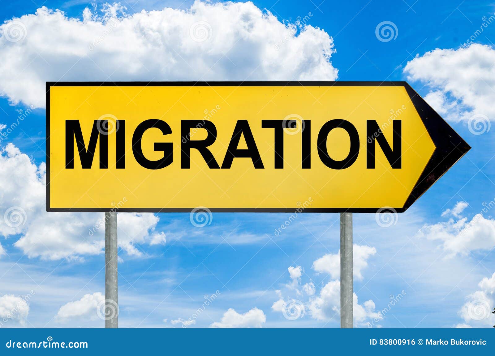 Migration Traffic Sign with Blue Cloudy Sky Background Stock Photo ...