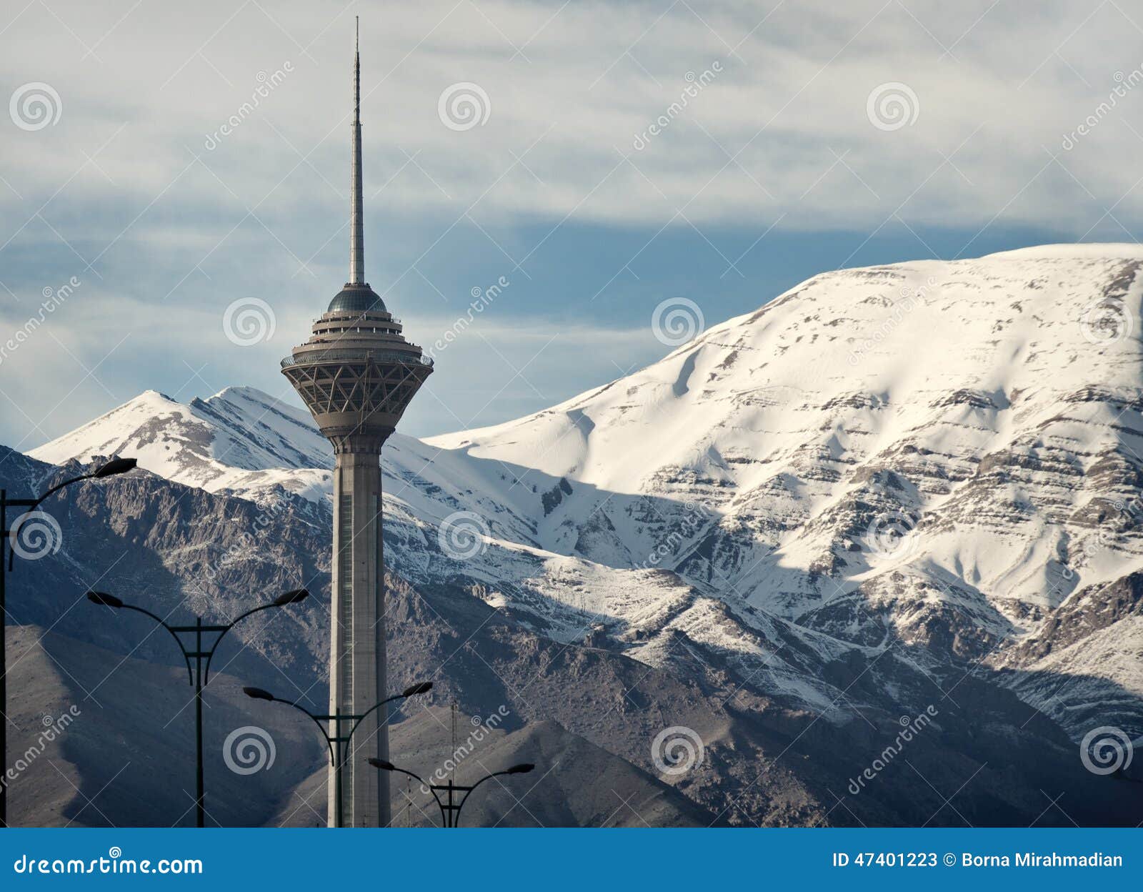 Milad Tower of Tehran in Front of Snow Covered Alborz Mountains Stock ...