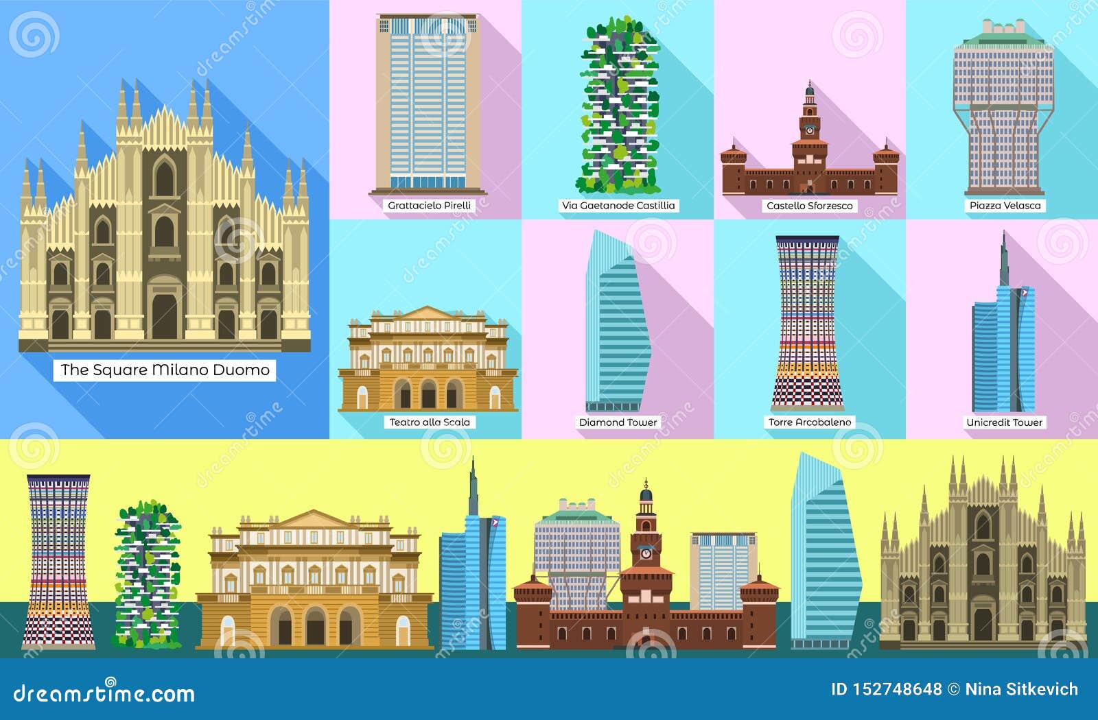 Milan Icons Set, Flat Style Stock Vector - Illustration of historical ...