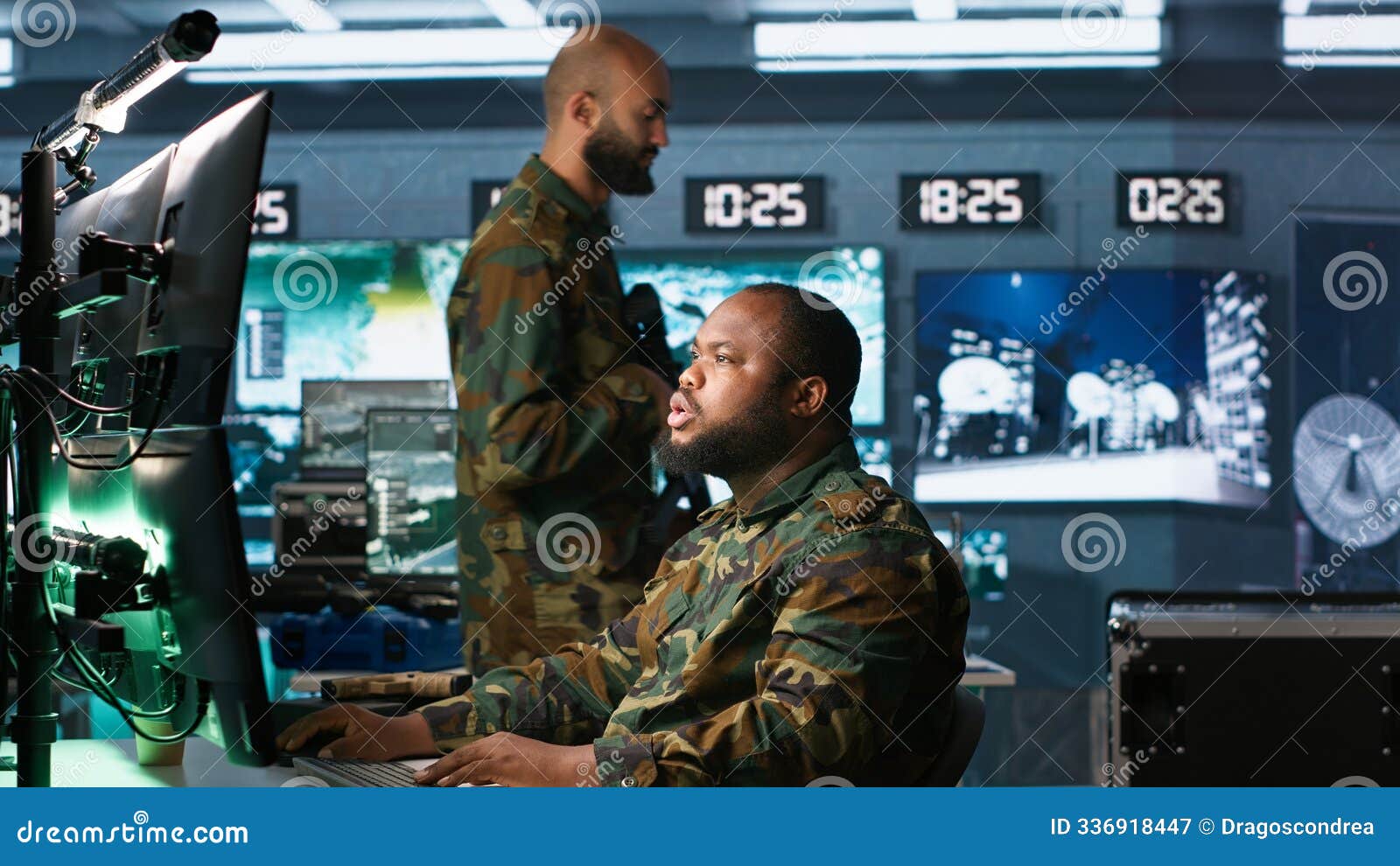 Intelligence Corps Agent Checking Screens, Discussing with Colleague ...