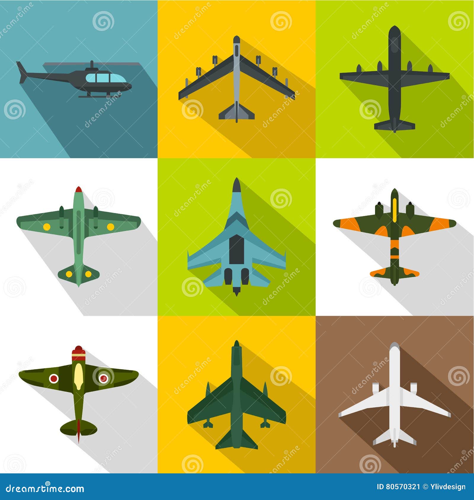 Military Aircraft Icons Set, Flat Style Stock Vector - Illustration of ...