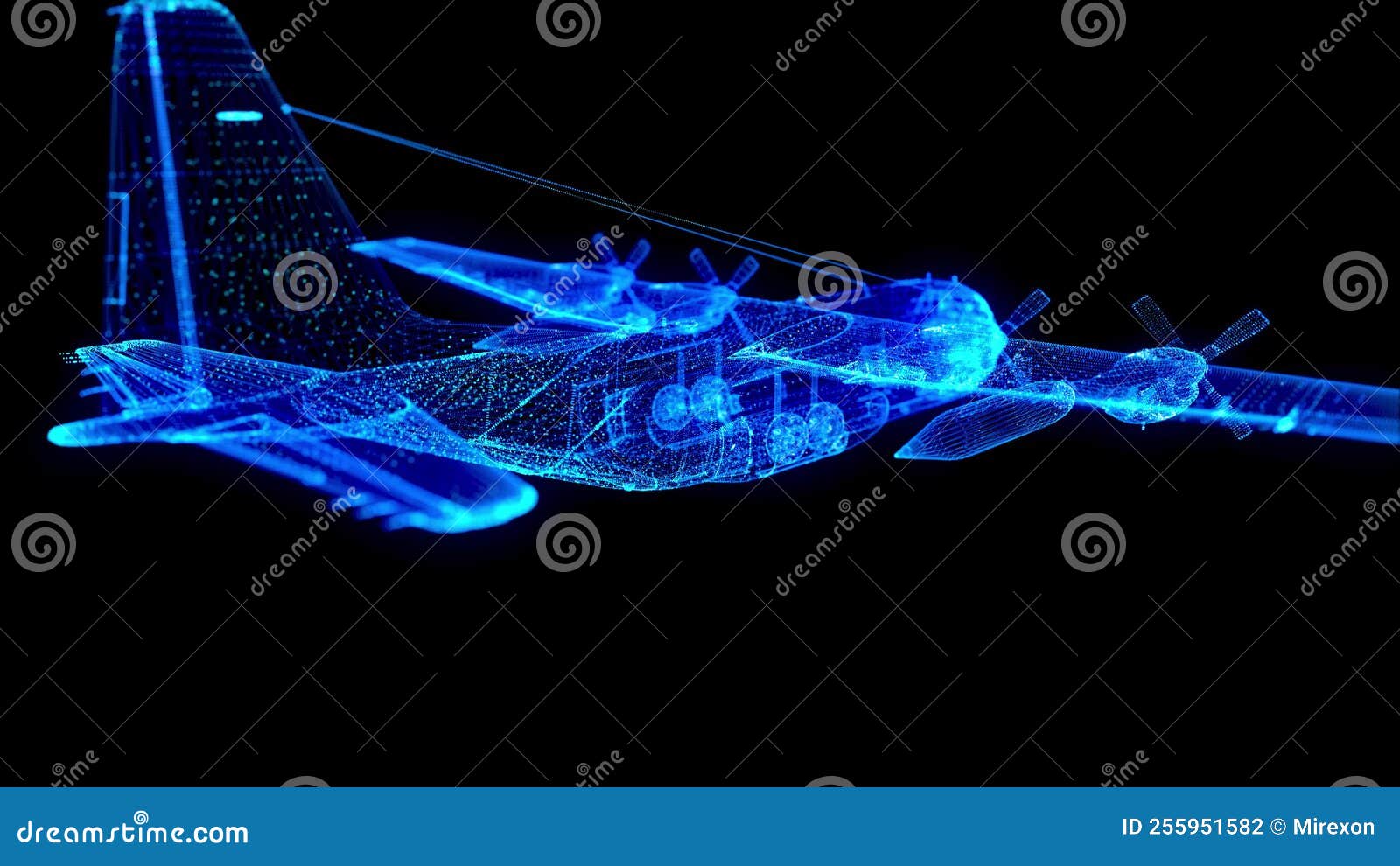 Military Airplane. Blue Particles and Lines Form Wire-frame 3d Model ...