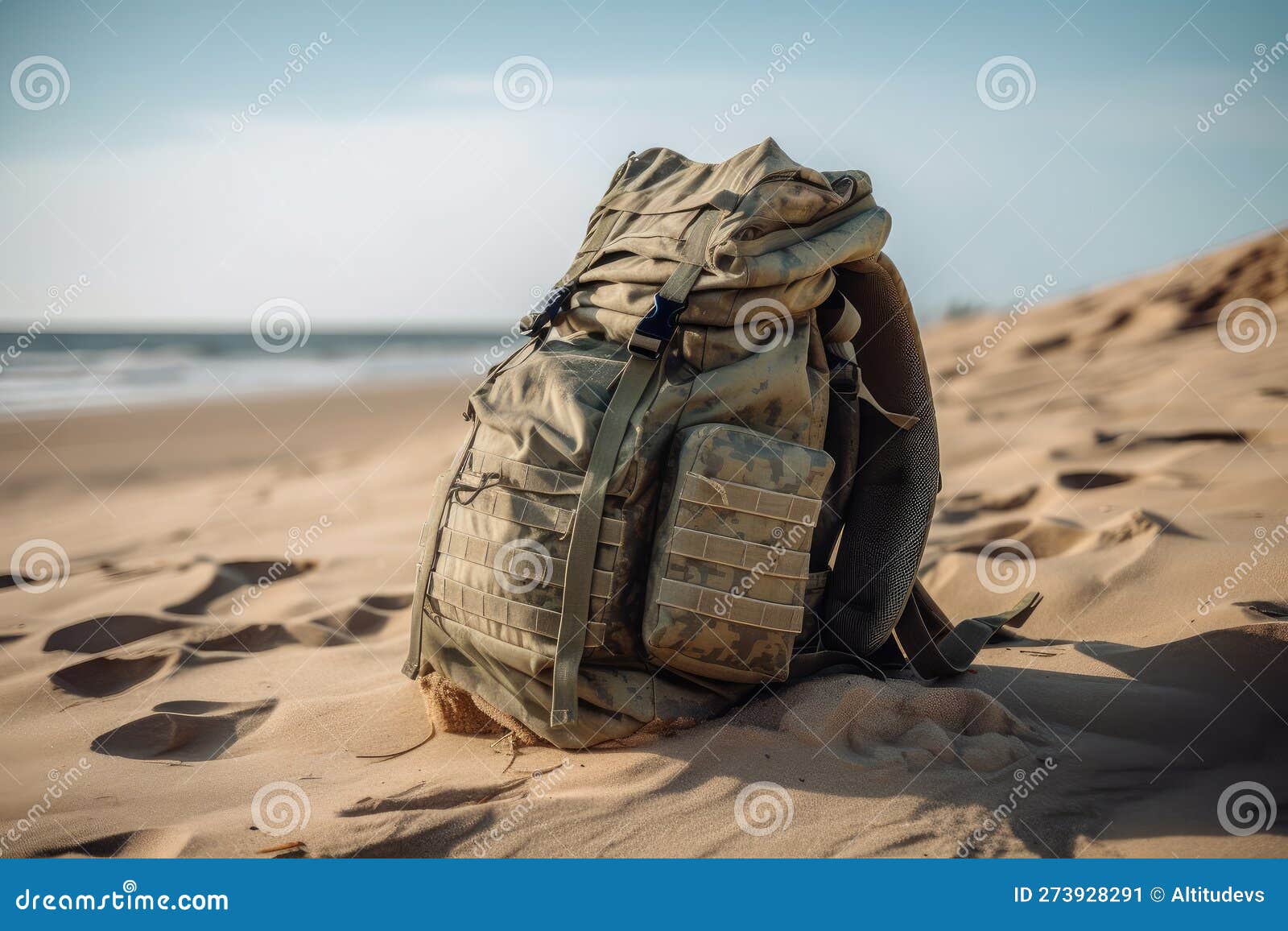 Military Backpack, Lying on a Sandy Beach Stock Illustration ...