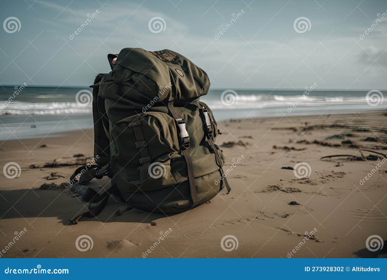 Military Backpack, Lying on a Sandy Beach Stock Photo - Image of ...