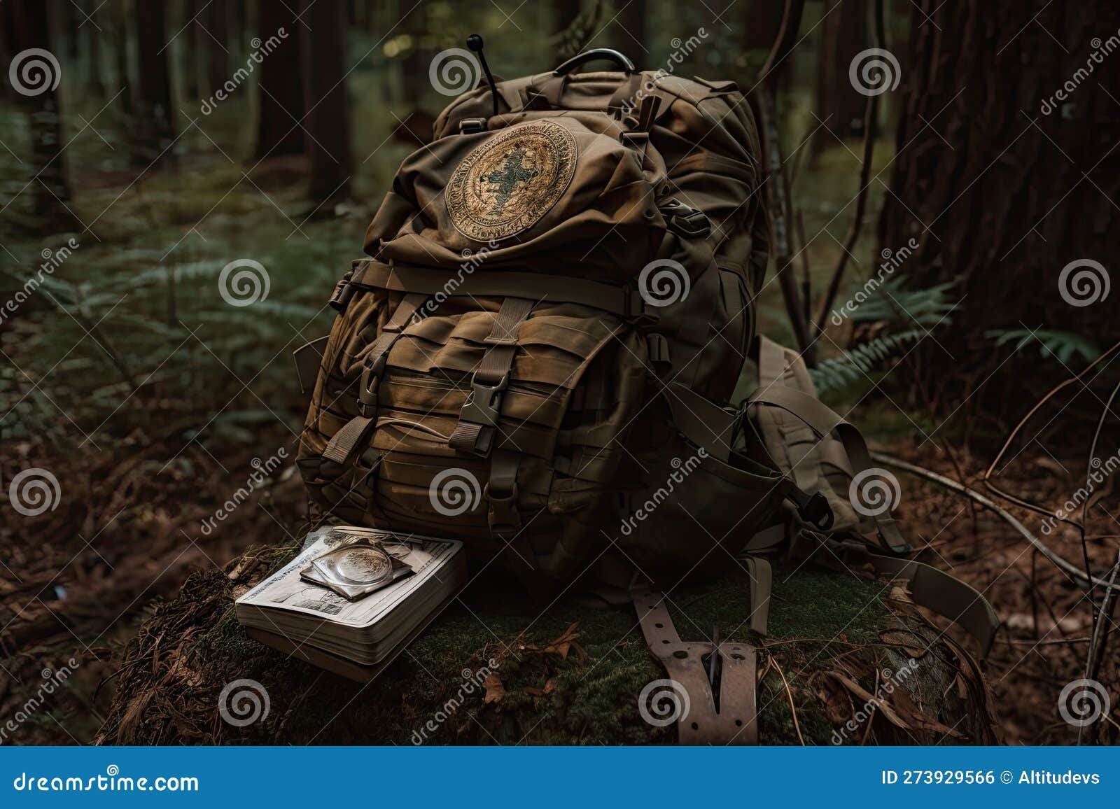 Military Backpack, with a Map and Compass Visible, Surrounded by Forest ...